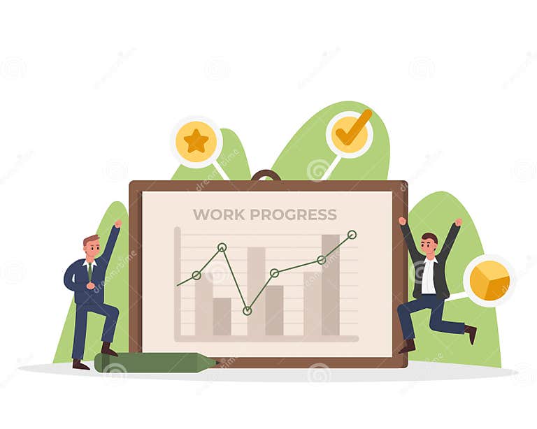 Happy Workers Looking at Chart with Progress of Work. Business Concept ...