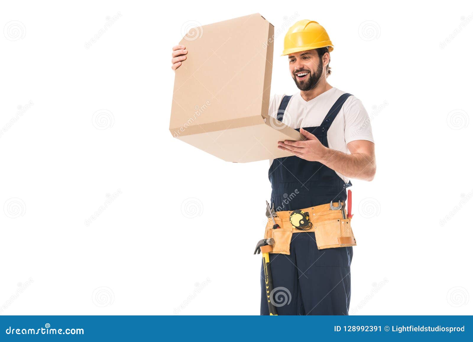 Happy Workman in Hard Hat and Tool Belt Opening Pizza Box Stock Image ...
