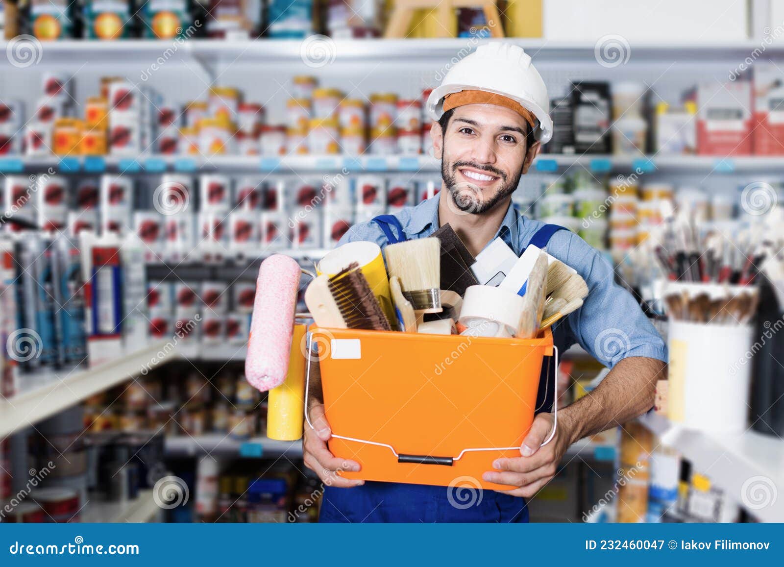 Happy Workman with Tools in Paint Store Stock Image - Image of ...