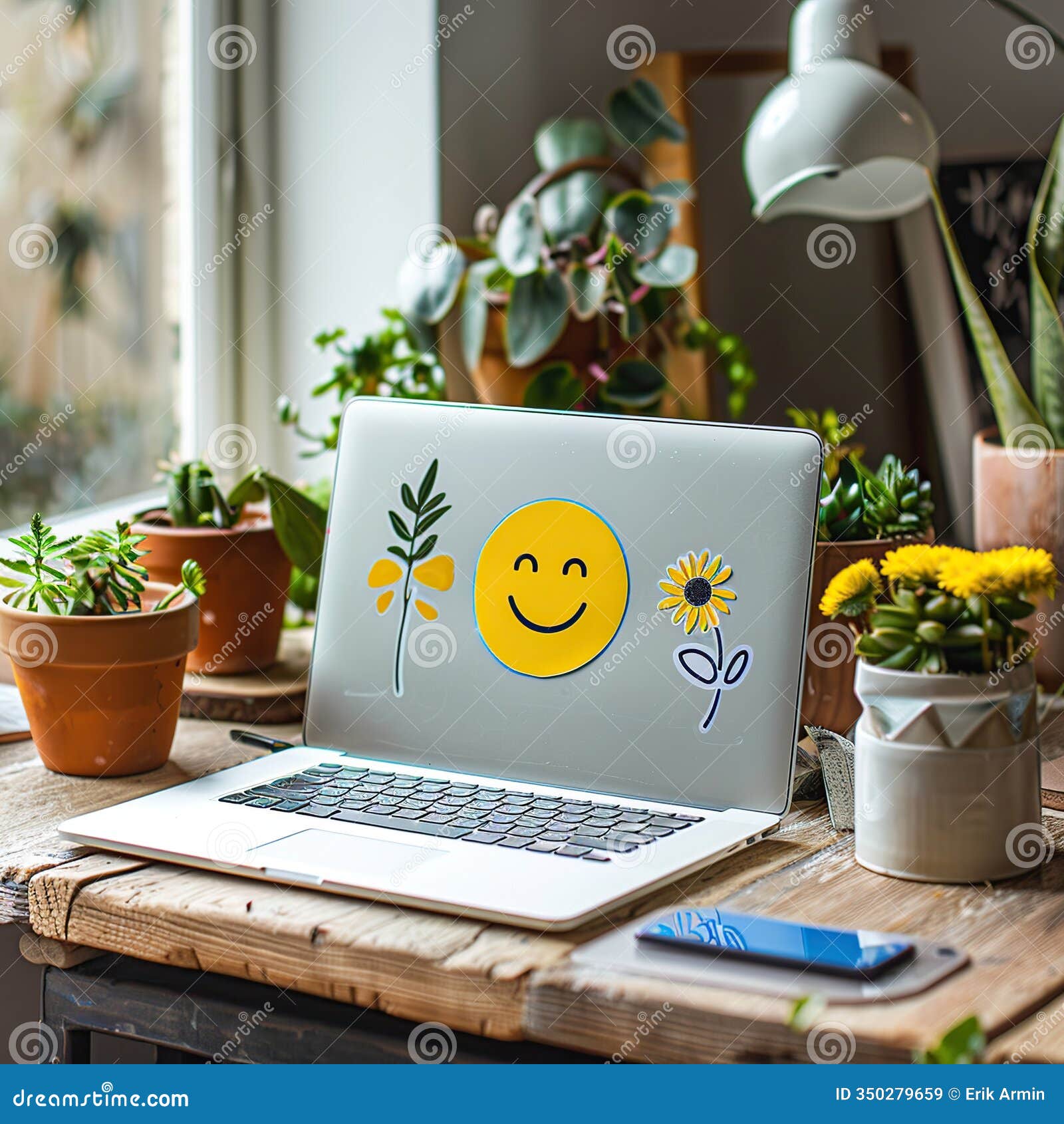 Happy Workspace with Laptop, Plants, and Cheerful Stickers Stock ...