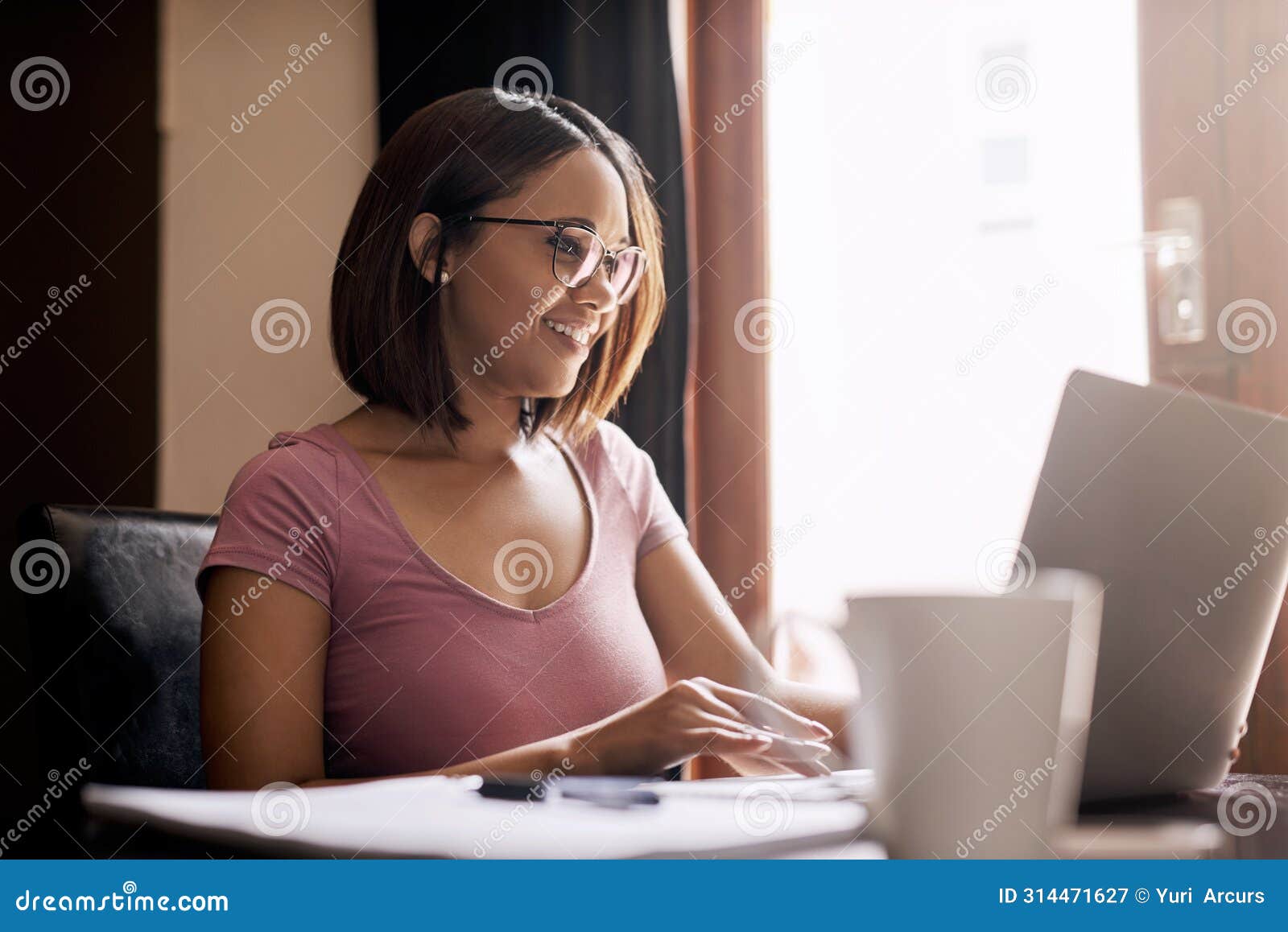 Happy, Writer and Working on Laptop in Home Office on Article or Typing ...