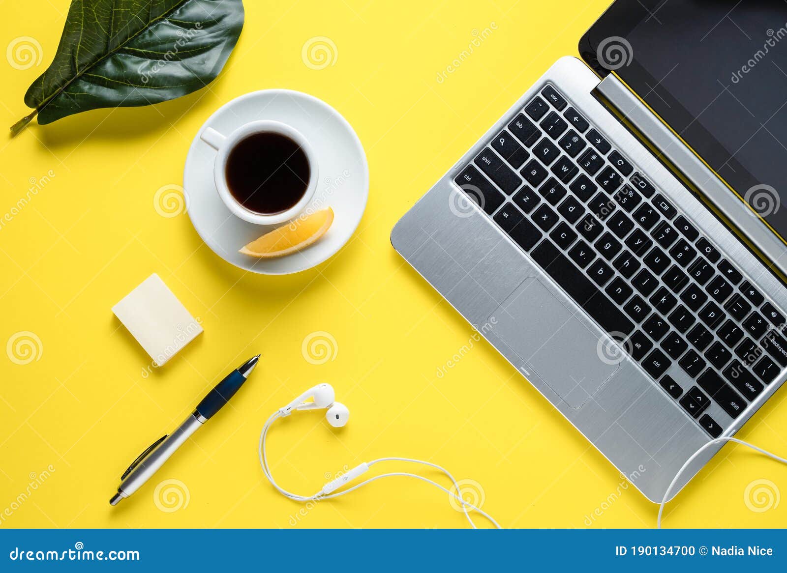 Happy yellow office desk stock photo. Image of notepad - 190134700