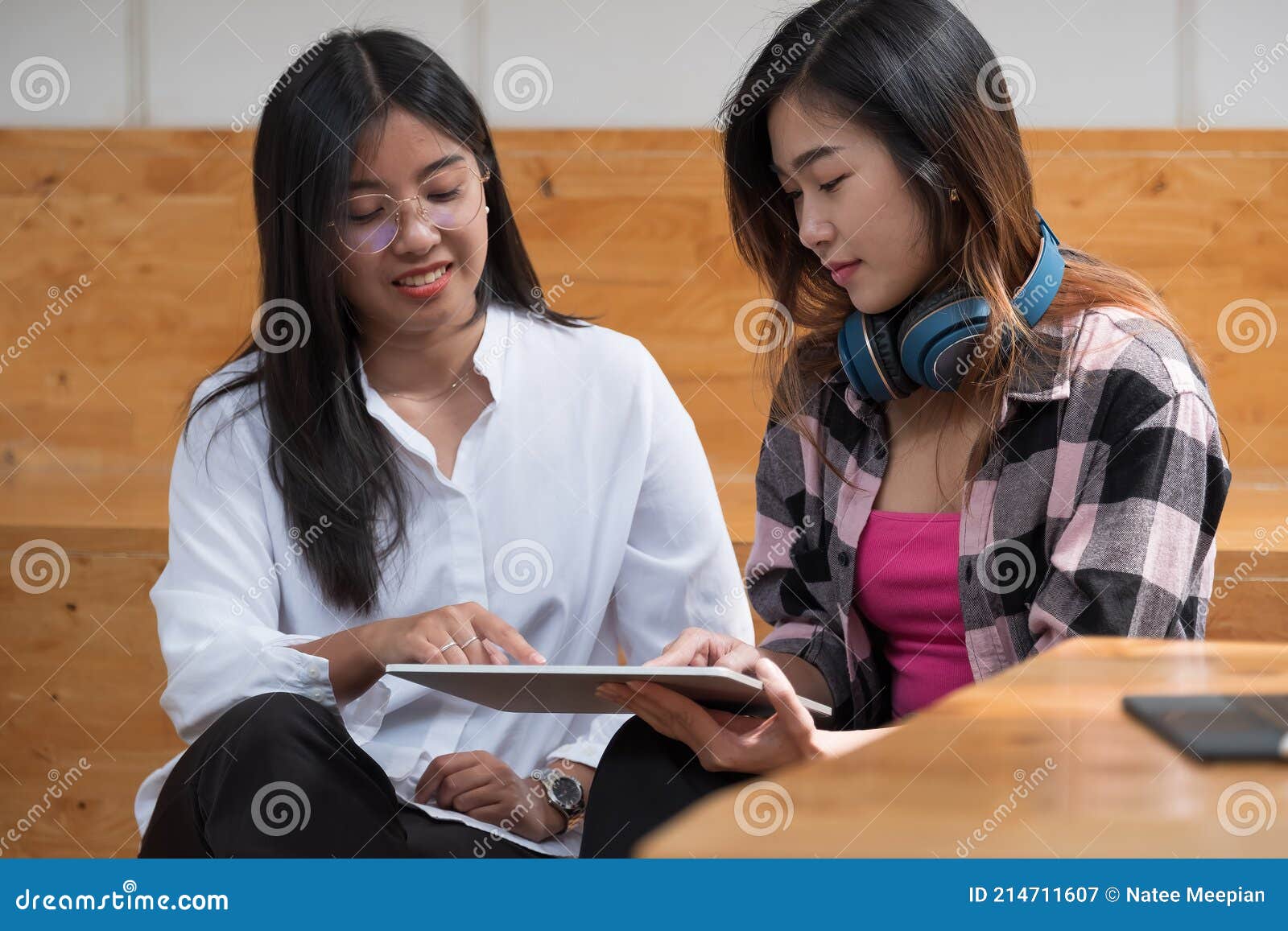 Happy Young Asian Student Girls Studying at Home with Digital Tablet ...
