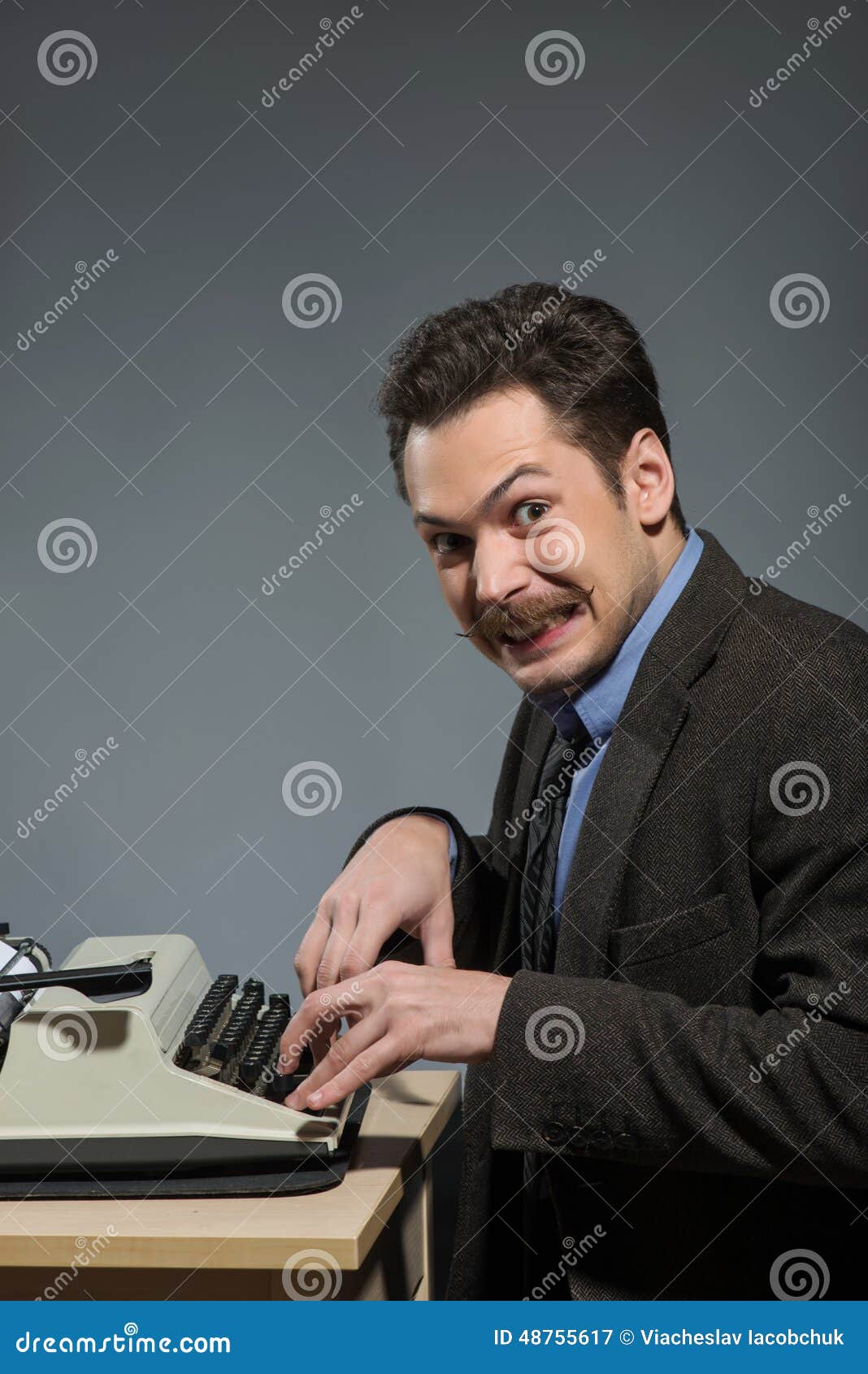 Happy Young Author Typing at Typewriter Stock Image - Image of nerd ...