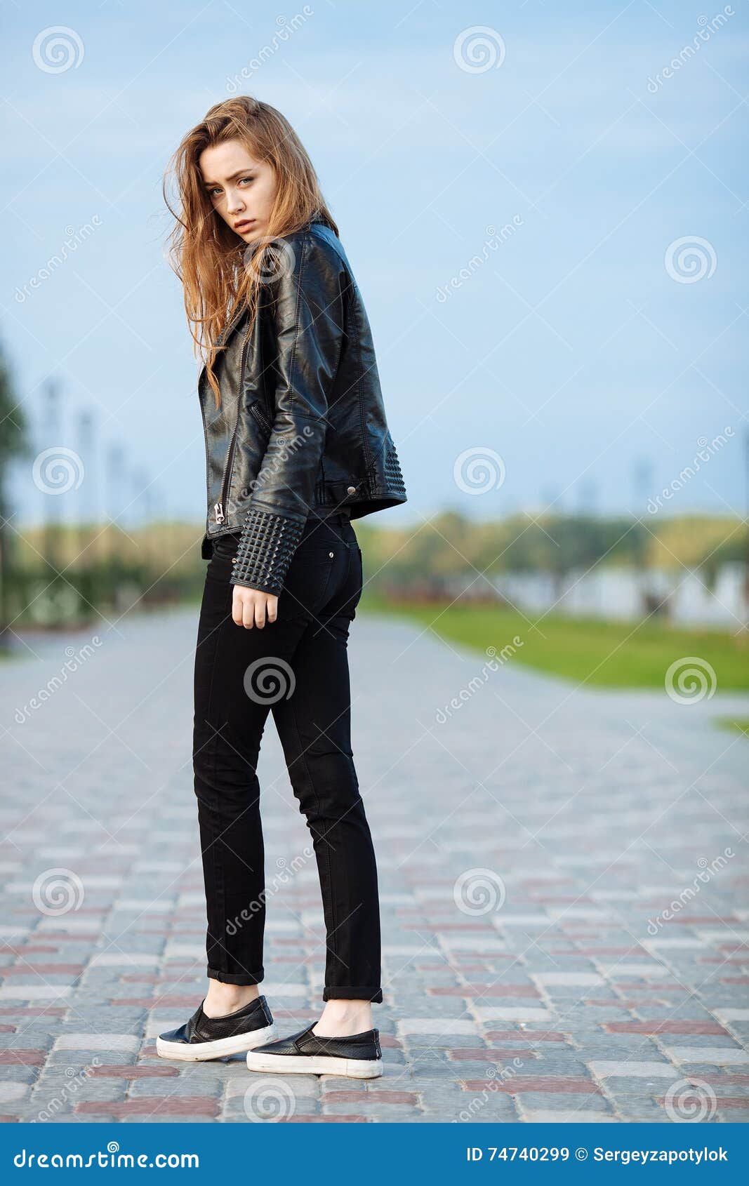 Happy Young Beautiful Woman In Black Leather Jacket Black Jeans Slip On