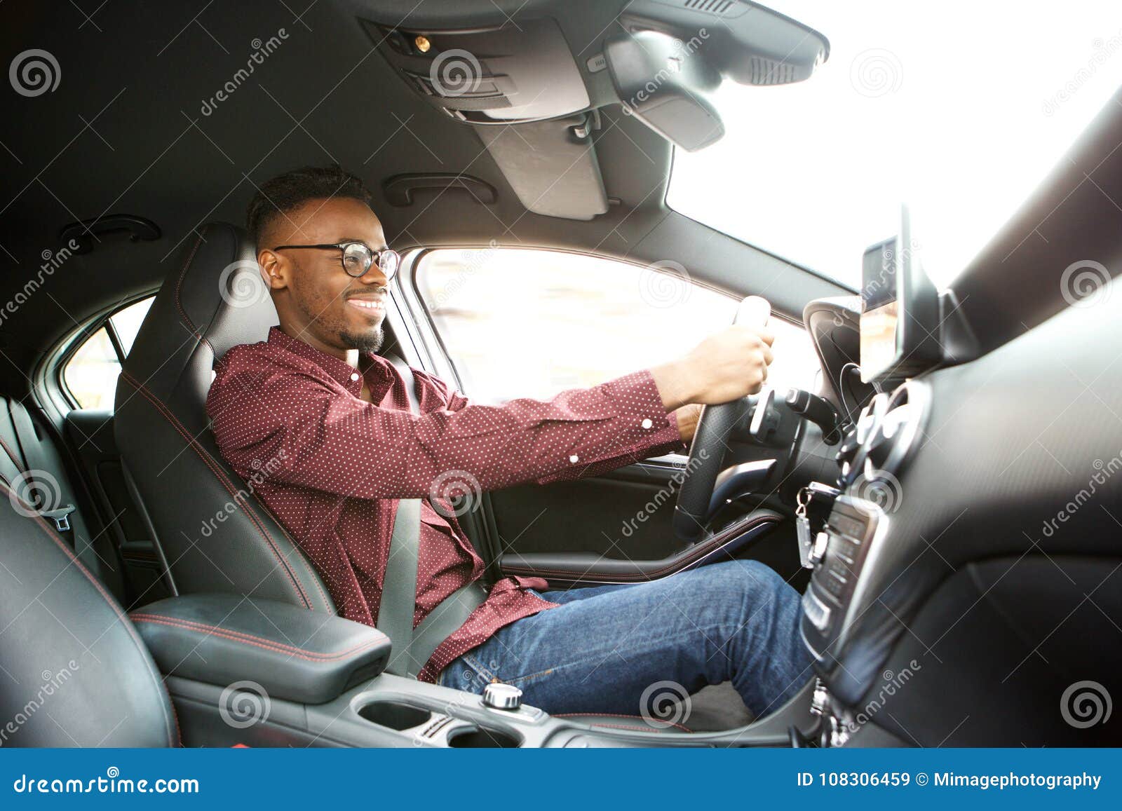 Happy Young Black Guy Driving Car Stock Image - Image of fashionable ...
