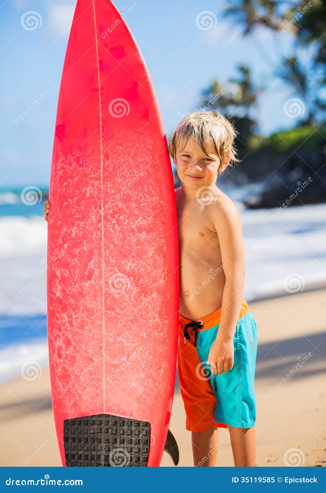 Happy Young Boy at the Beach with Surfboard Stock Image - Image of ...