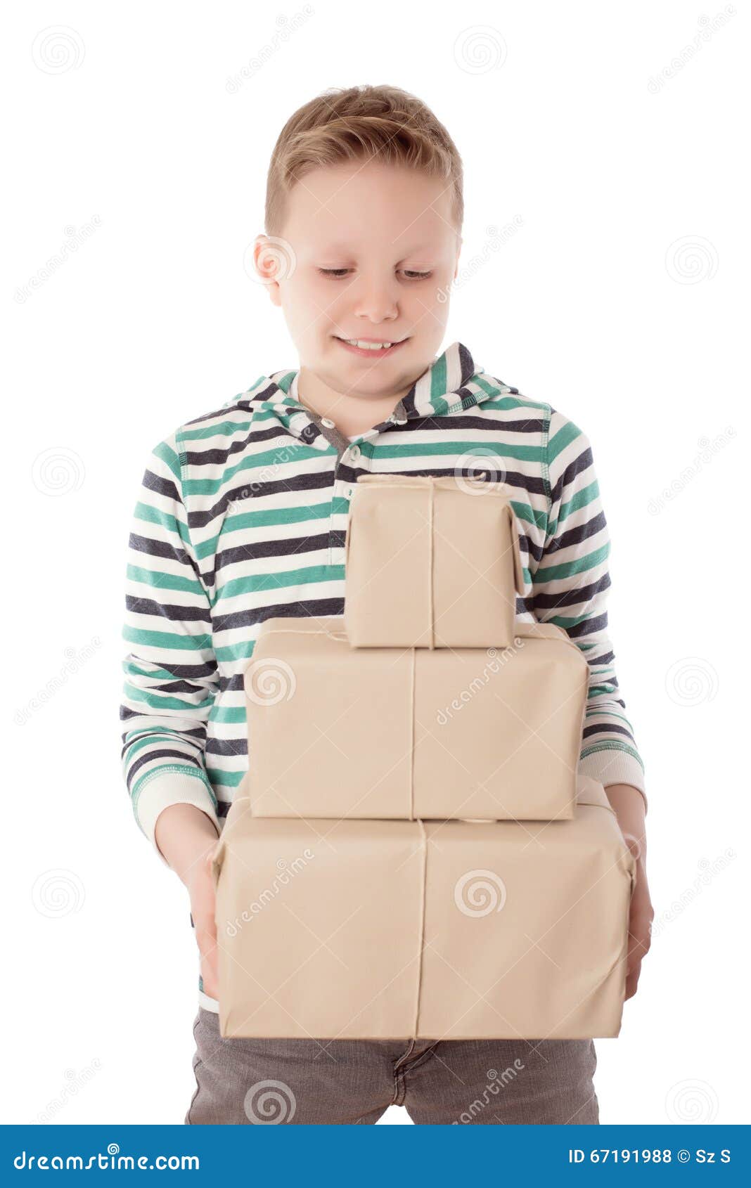 Happy Young Boy Holding a Gift Box Over the White Stock Photo - Image ...