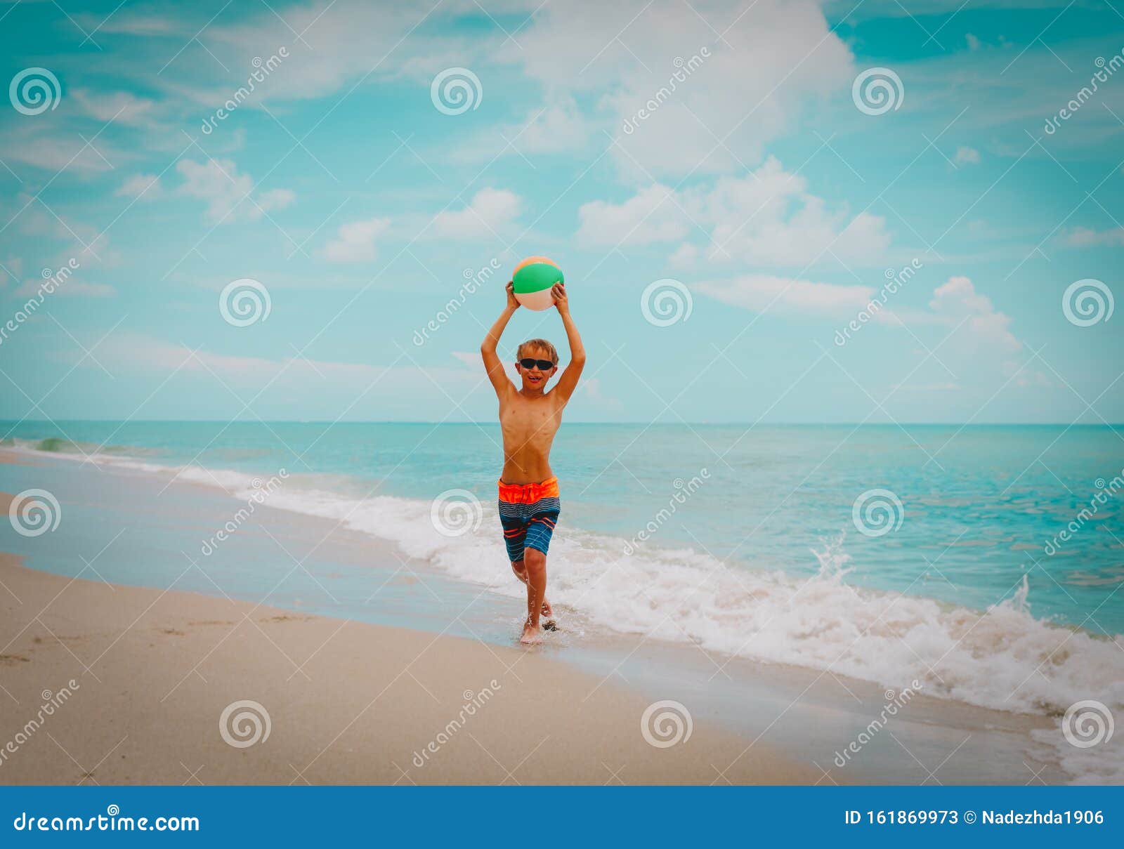 Happy Young Boy Play Ball on Beach Stock Image - Image of cute ...