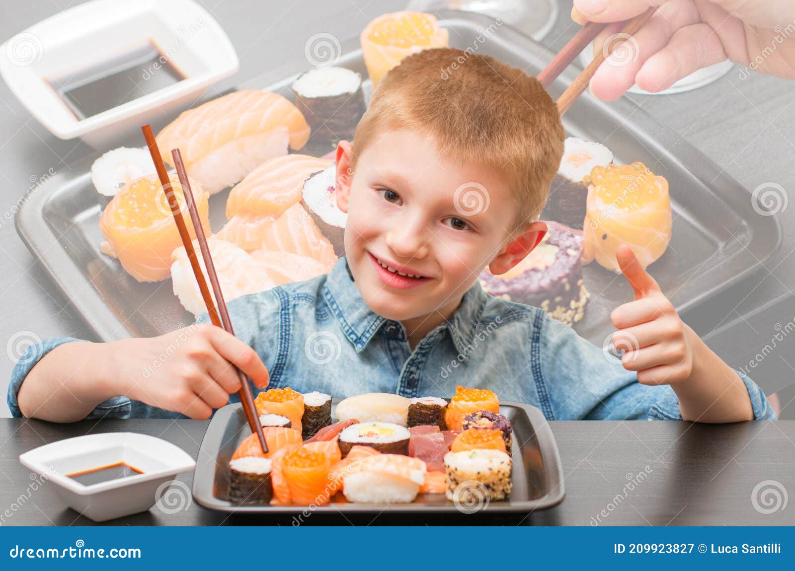 An Happy Young Boy Ready for Eating Sushi Stock Image - Image of asian ...