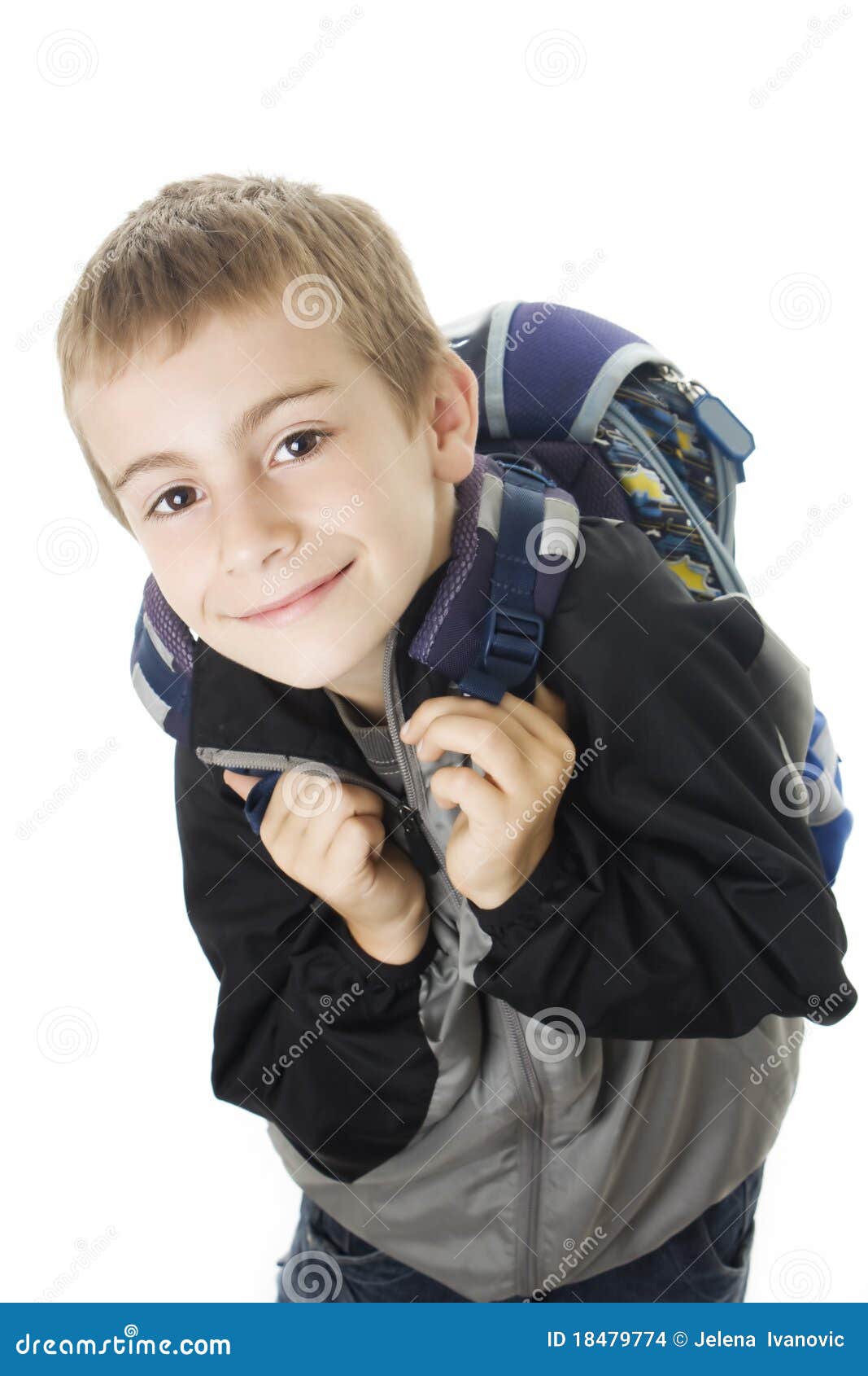 Happy Young Boy Ready for School with His Bag Stock Photo - Image of ...