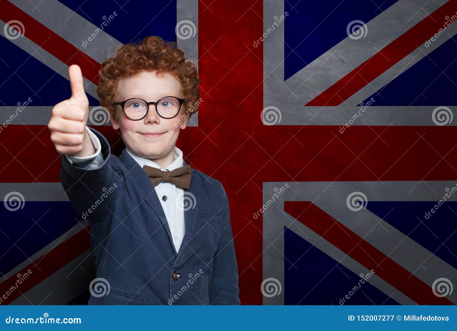 Happy Young Boy Student on the UK Flag Background. Learn English ...
