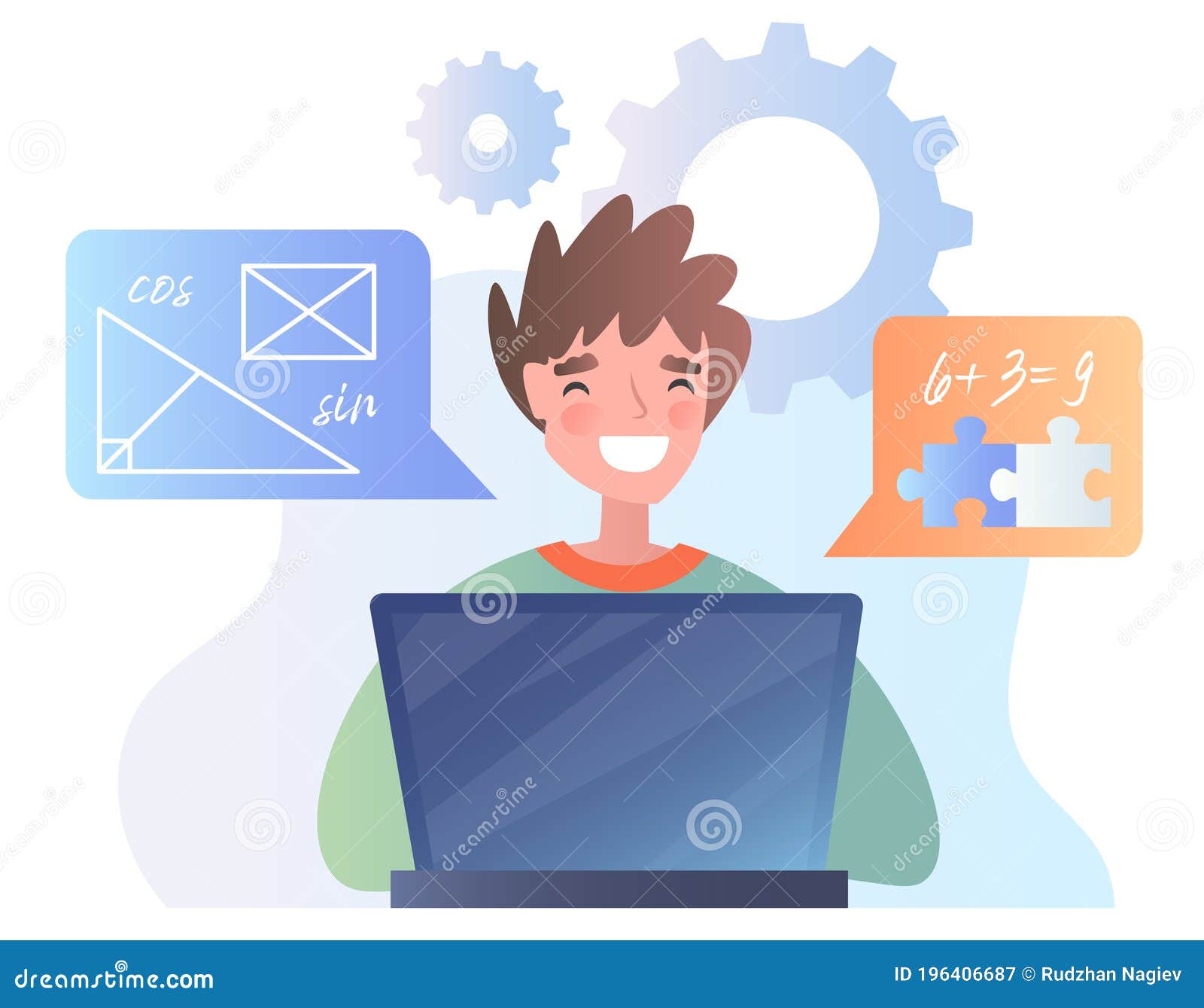 Happy Young Boy Studying Mathematics Online Stock Vector - Illustration ...