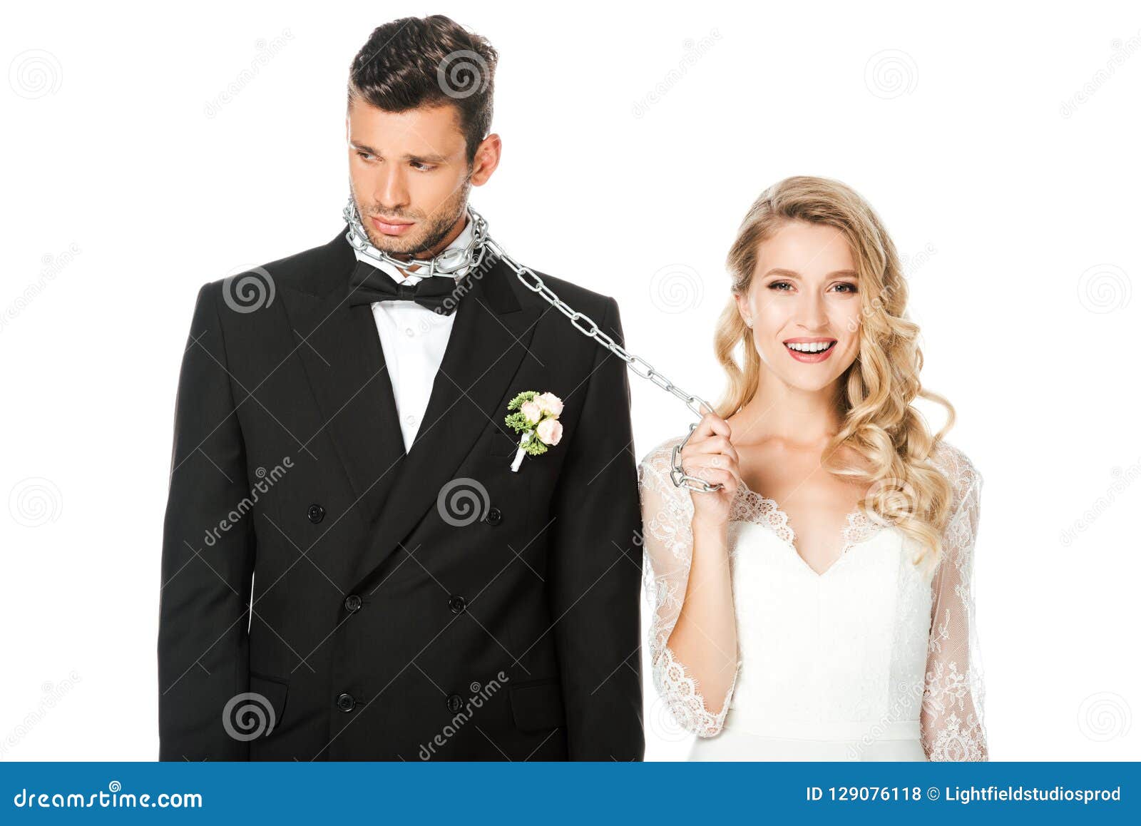 Happy Young Bride with Chain and Leashed Sad Groom Stock Photo - Image ...