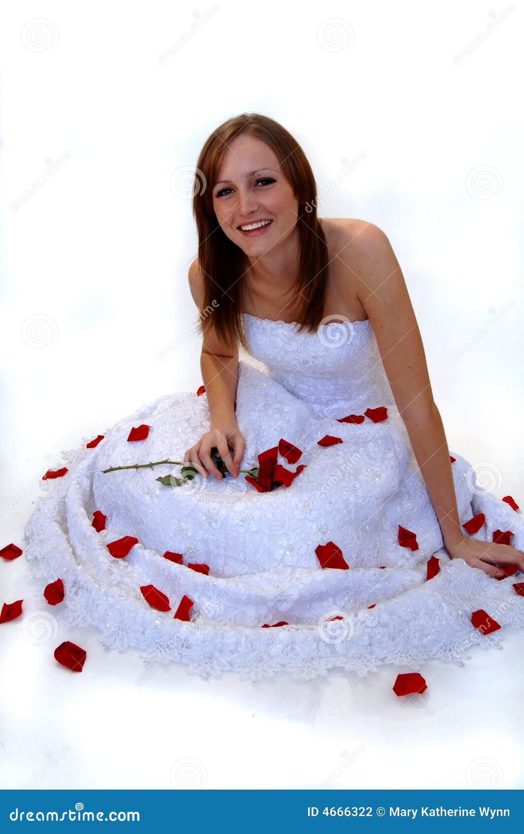Happy Young Bride with Rose Petals Stock Photo - Image of flower, dress ...