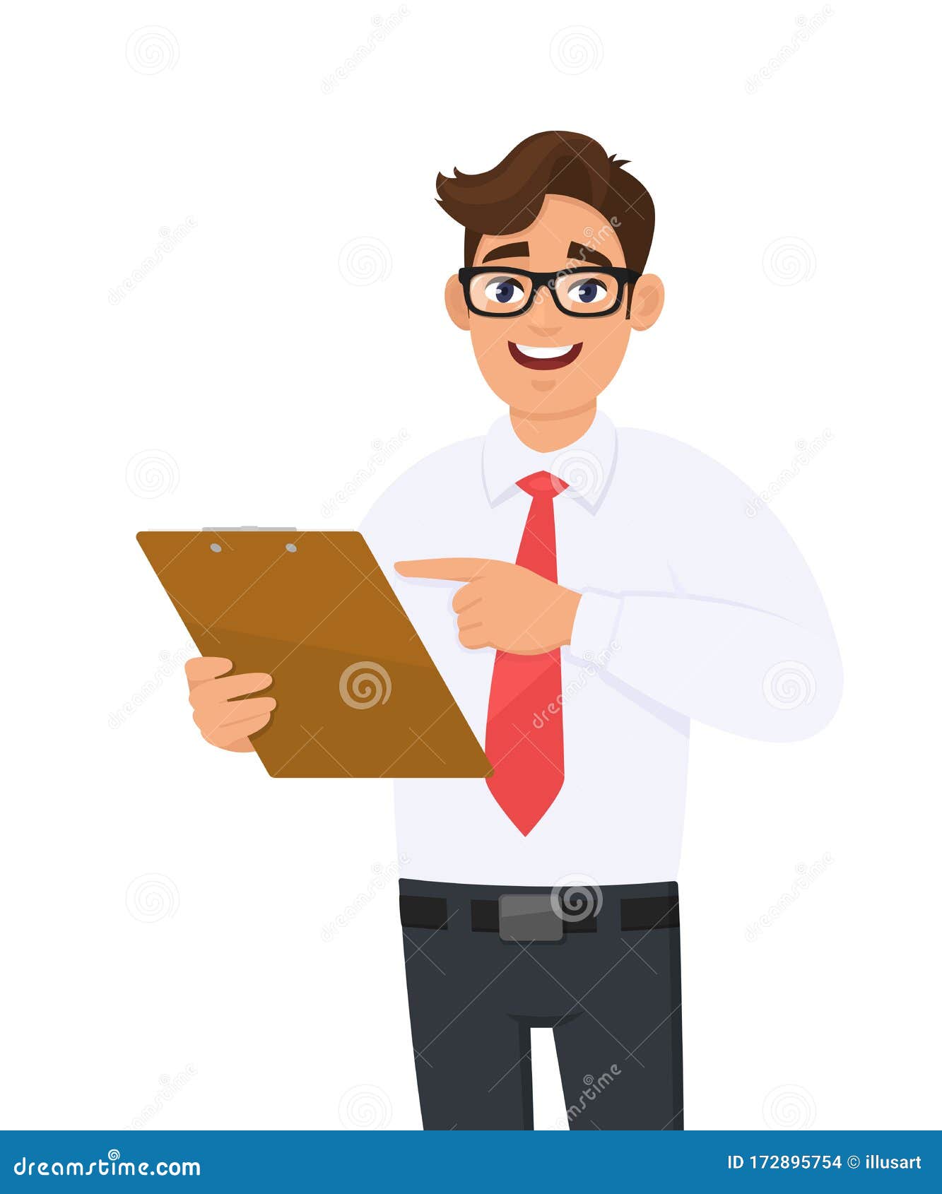 Happy Young Business Man In Eye Glasses Holding Clipboard And Pointing
