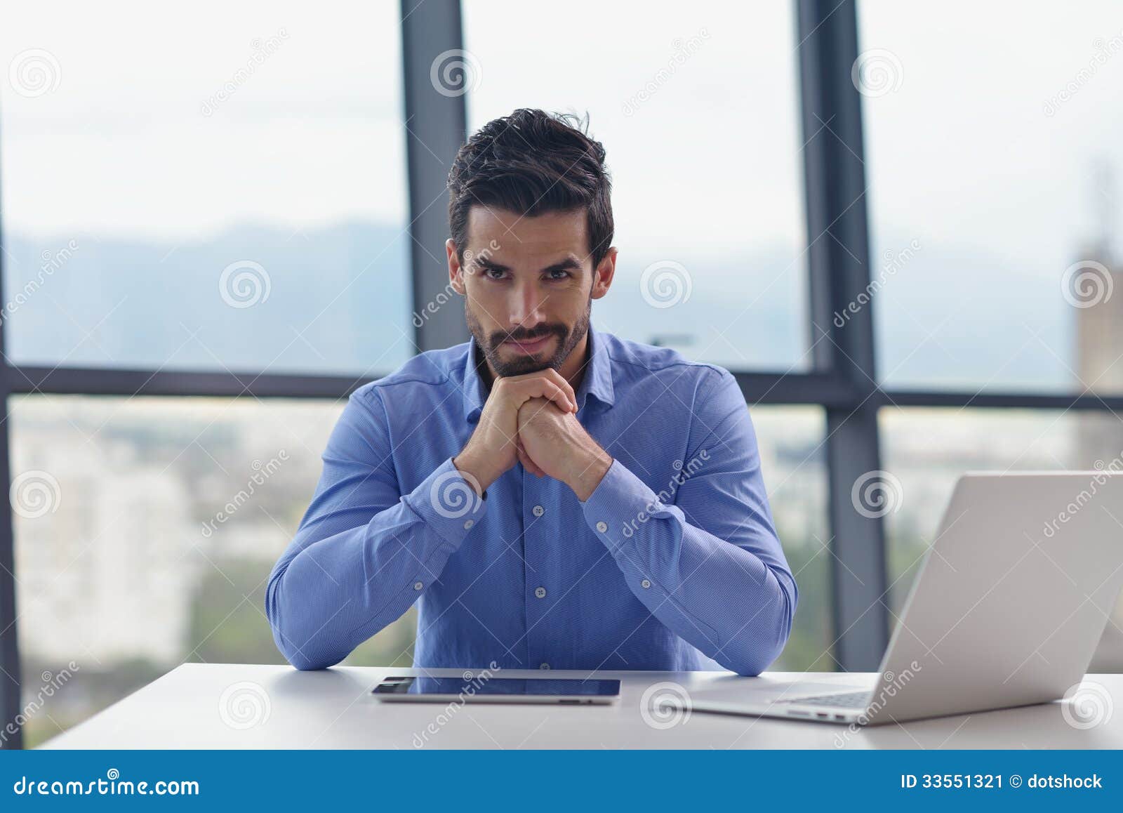Happy Young Business Man at Office Stock Image - Image of city, desk ...
