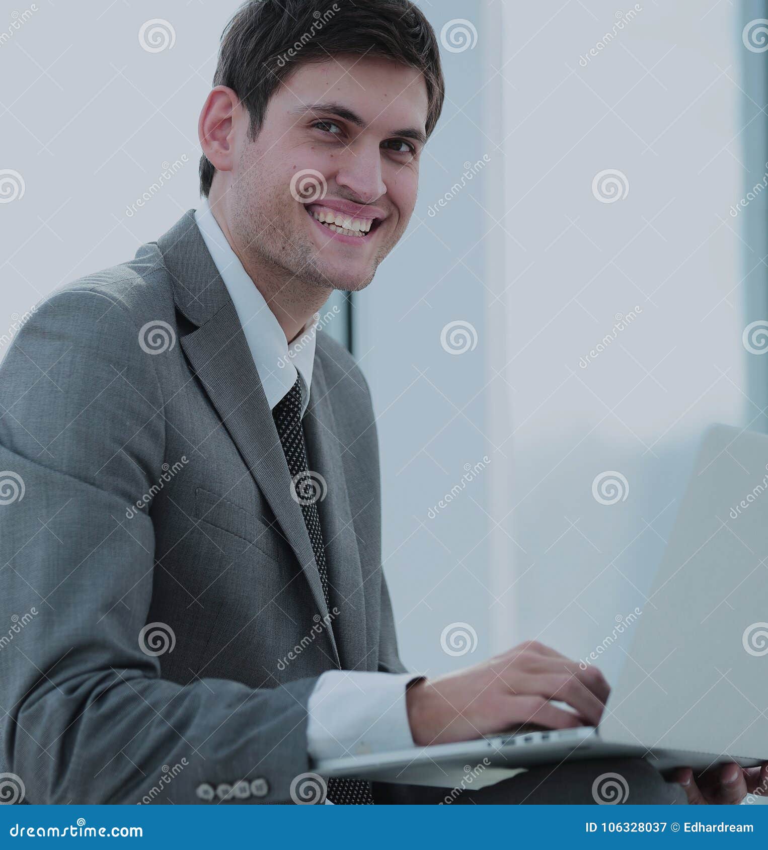 Happy Young Business Man Work in Modern Office on Computer Stock Image ...