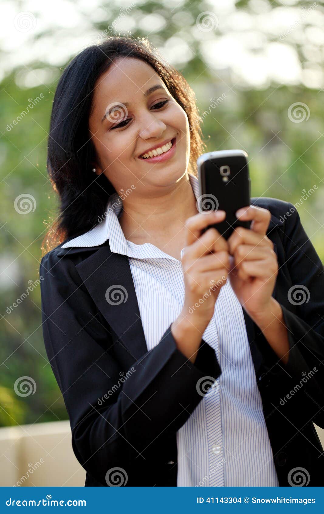 Happy Young Business Woman Texting at Outdoors Stock Photo - Image of ...