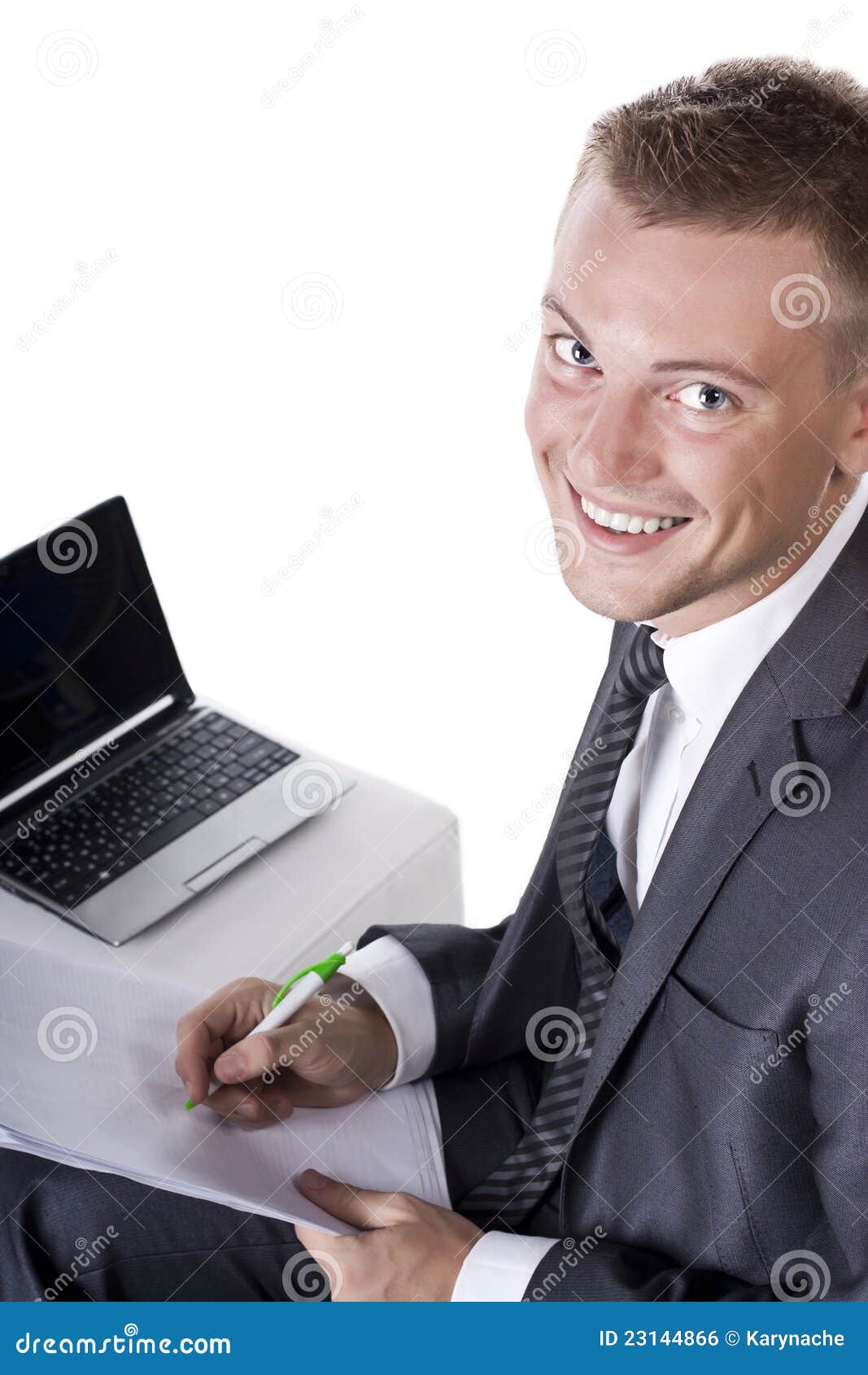 Happy Young Businessman Using Laptop in Business Stock Photo - Image of ...