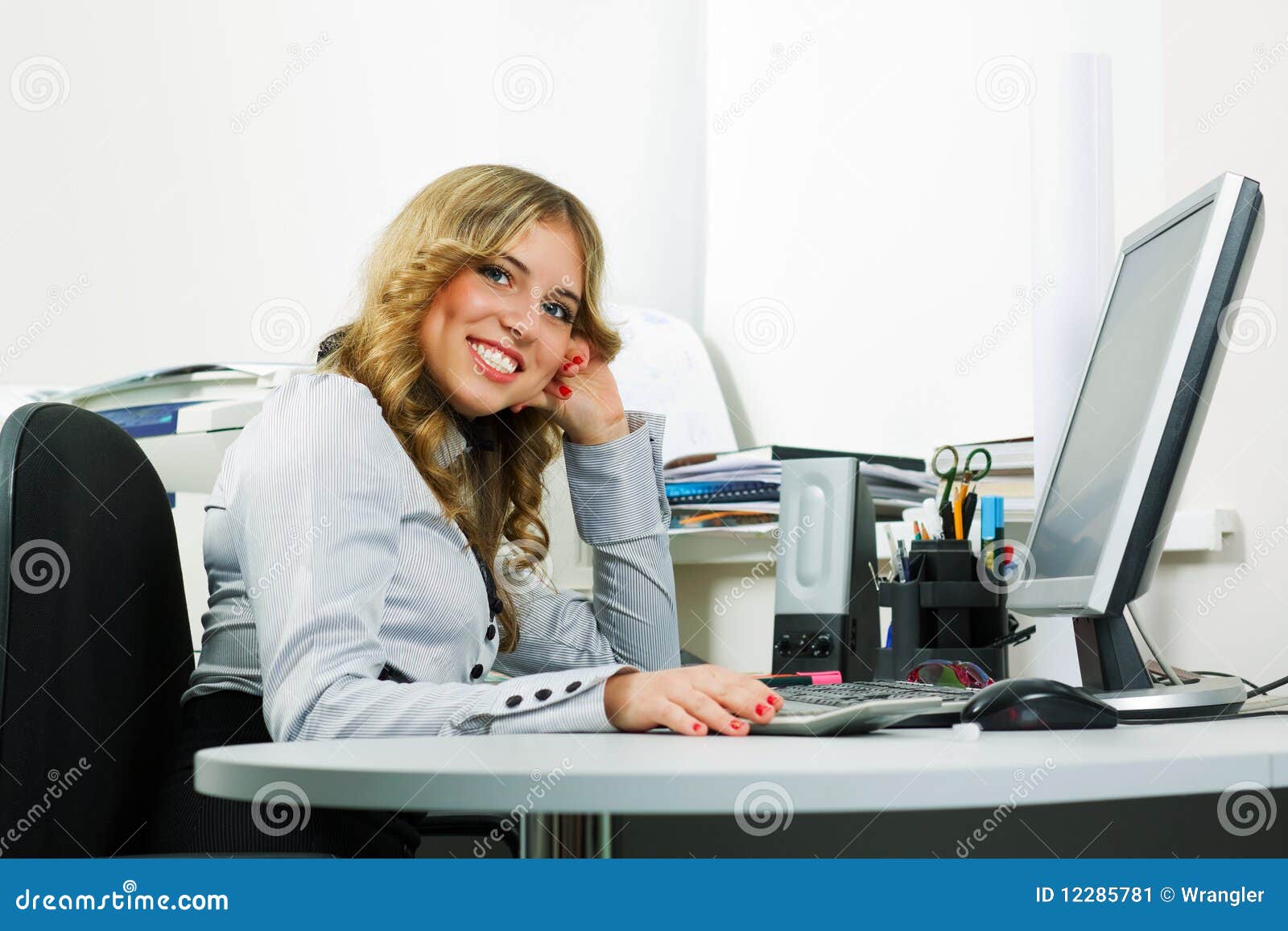 Happy Young Businesswoman Using Computer at Office Stock Image - Image ...