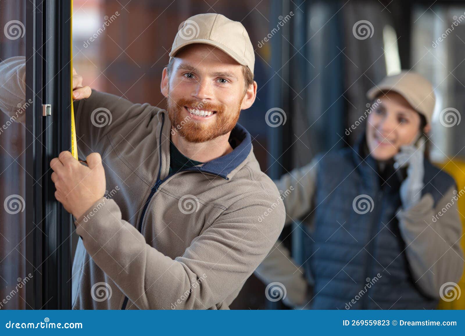 Happy Young Construction Worker Installing Window in House Stock Image ...