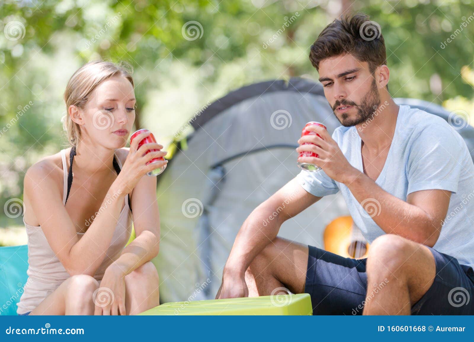 Happy Young Couple Camping Drinkig Coke Stock Photo - Image of summer ...