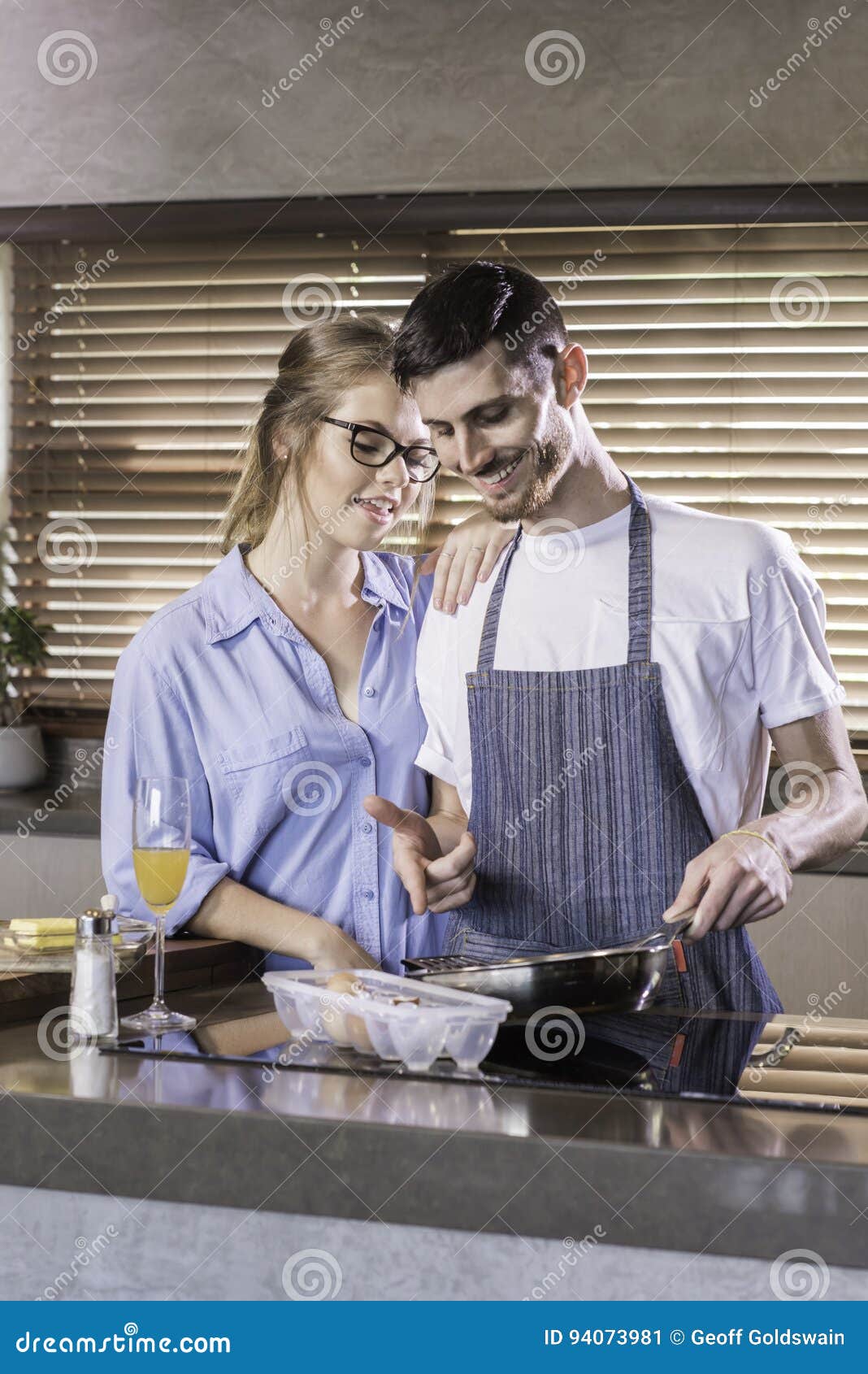 Happy Young Couple Cooking Breakfast Preparing in the Kitchen Stock ...