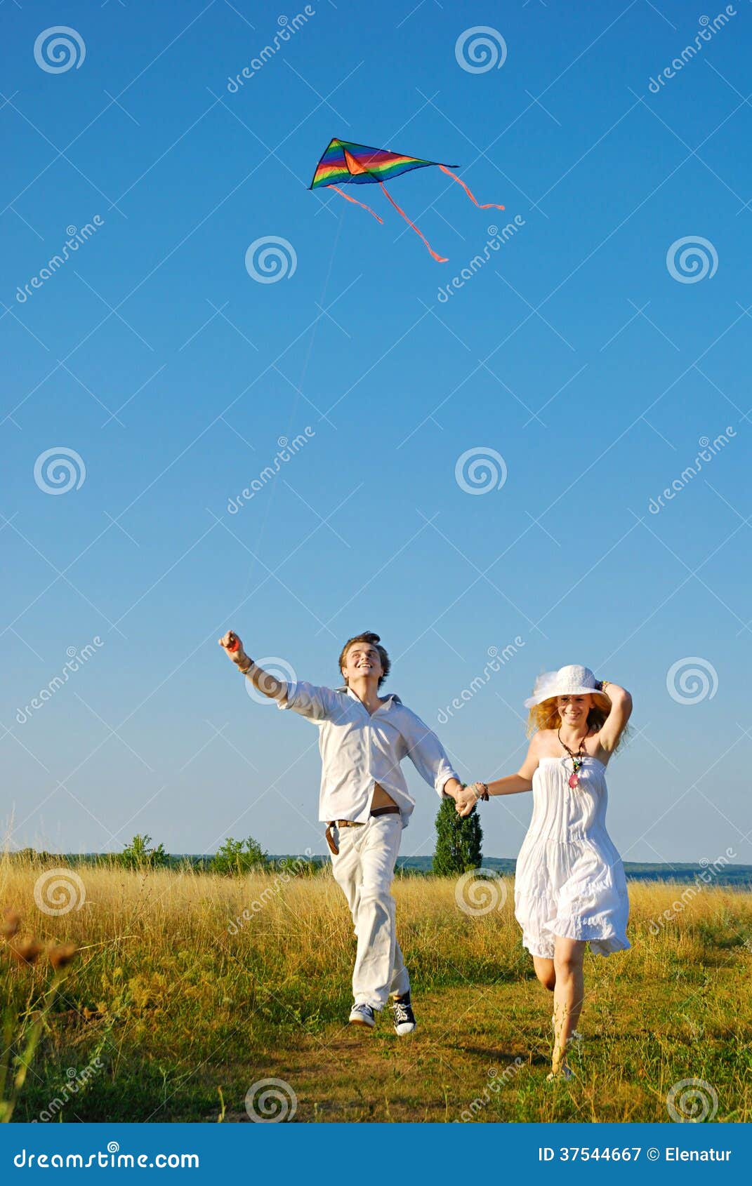 Happy Young Couple Flying a Kite Stock Image - Image of lifestyle ...