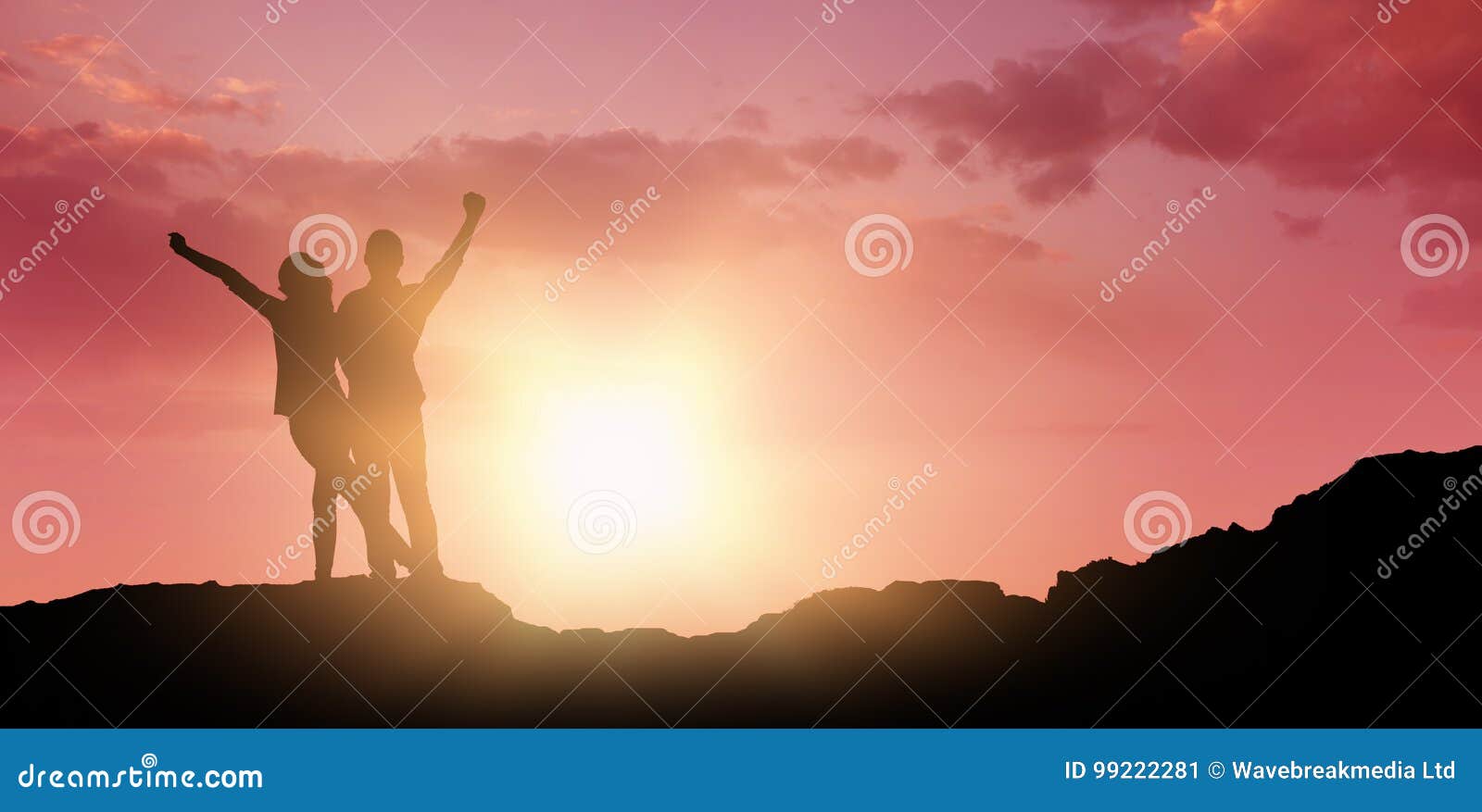 Composite Image of Happy Young Couple with Hands Raised Stock Image ...