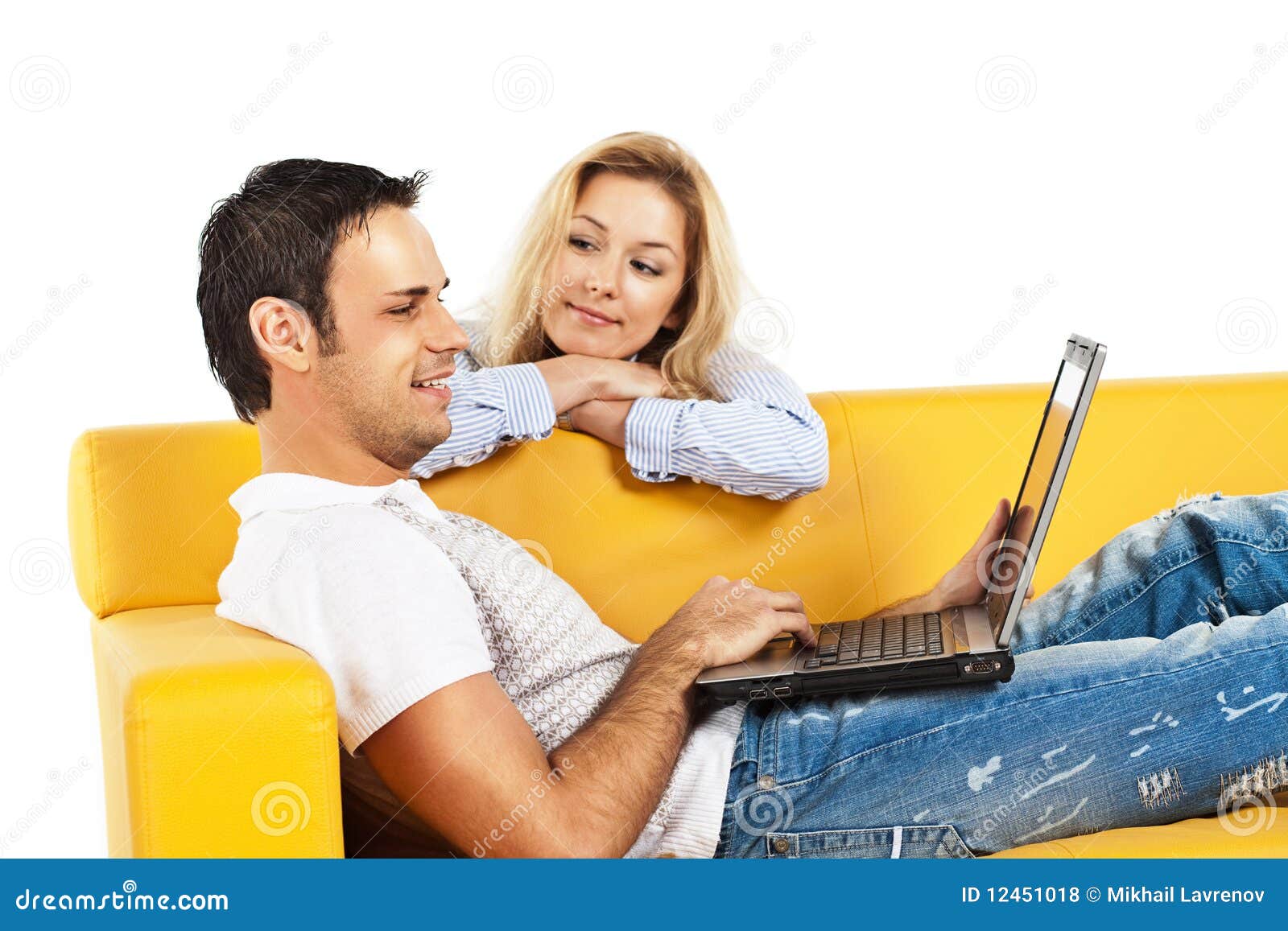 Happy Young Couple with Laptop Computer Stock Photo - Image of sofa ...