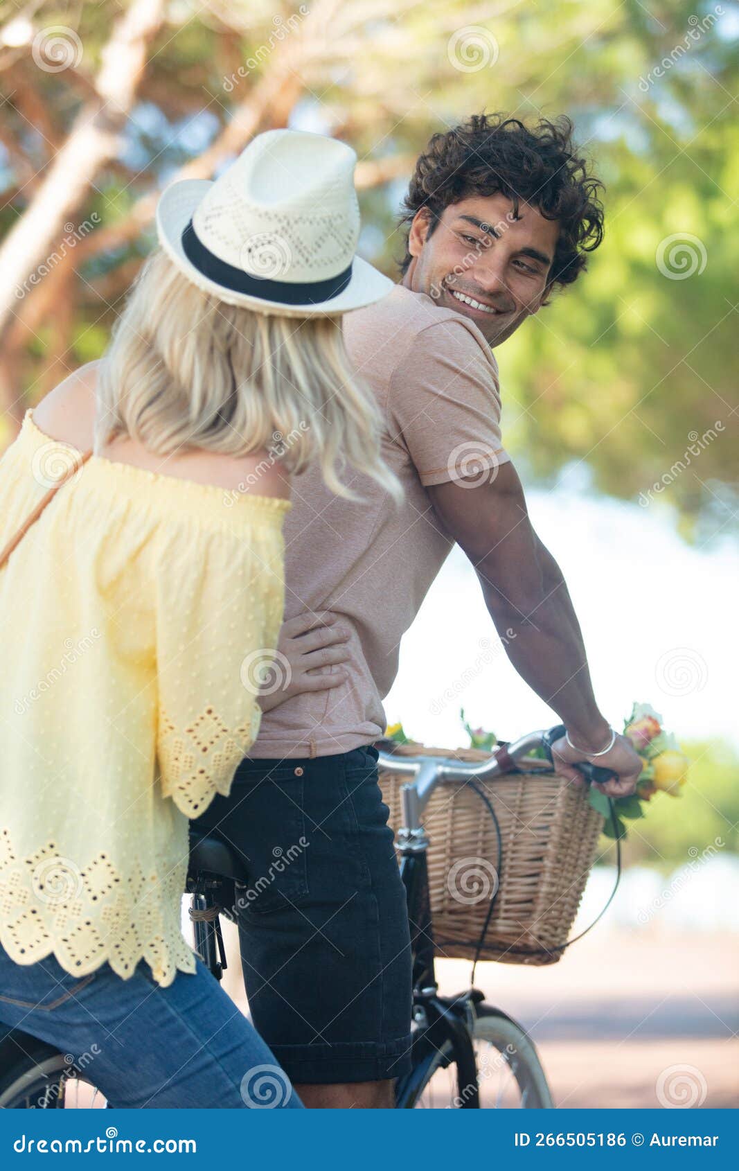 Happy Young Couple Riding on Bicycle Stock Photo - Image of happiness ...