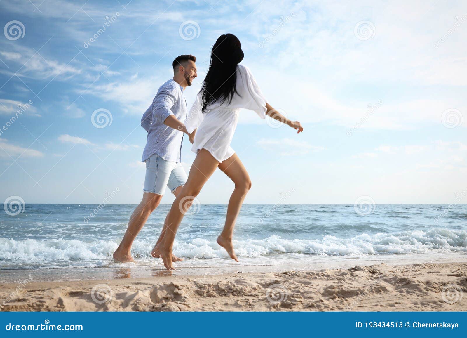 Happy Couple Running Together on Beach Stock Image - Image of caucasian ...