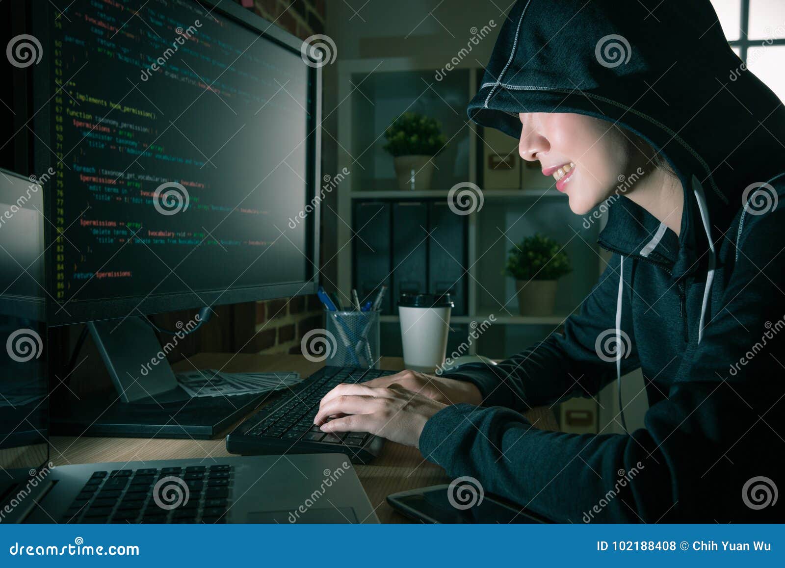 Happy Young Female Hacker Using Computer Crimes Stock Photo - Image of ...