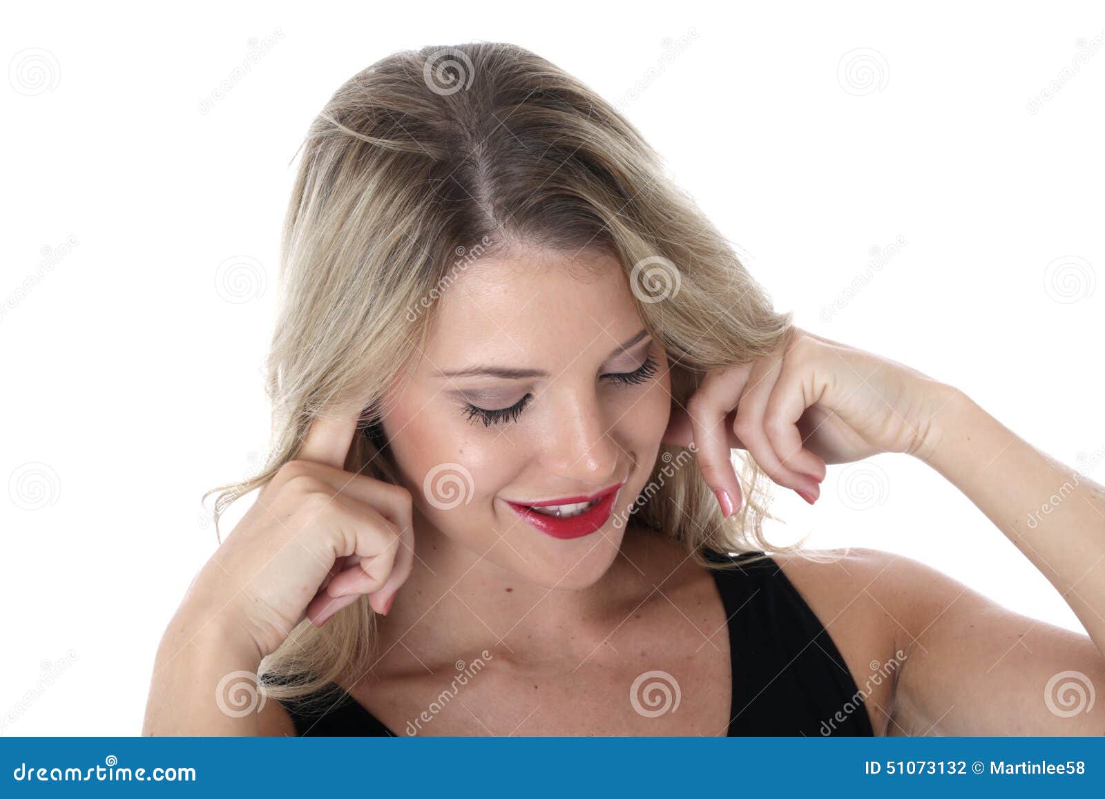 Happy Young with Fingers in Ears Woman Thinking Stock Photo - Image of ...