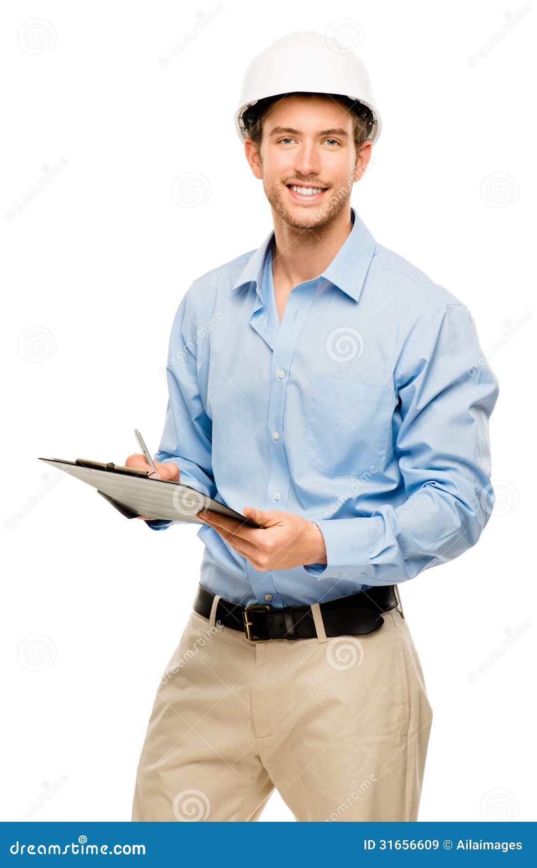 Happy Young Foreman on Building Site with Hard Hat White Background ...