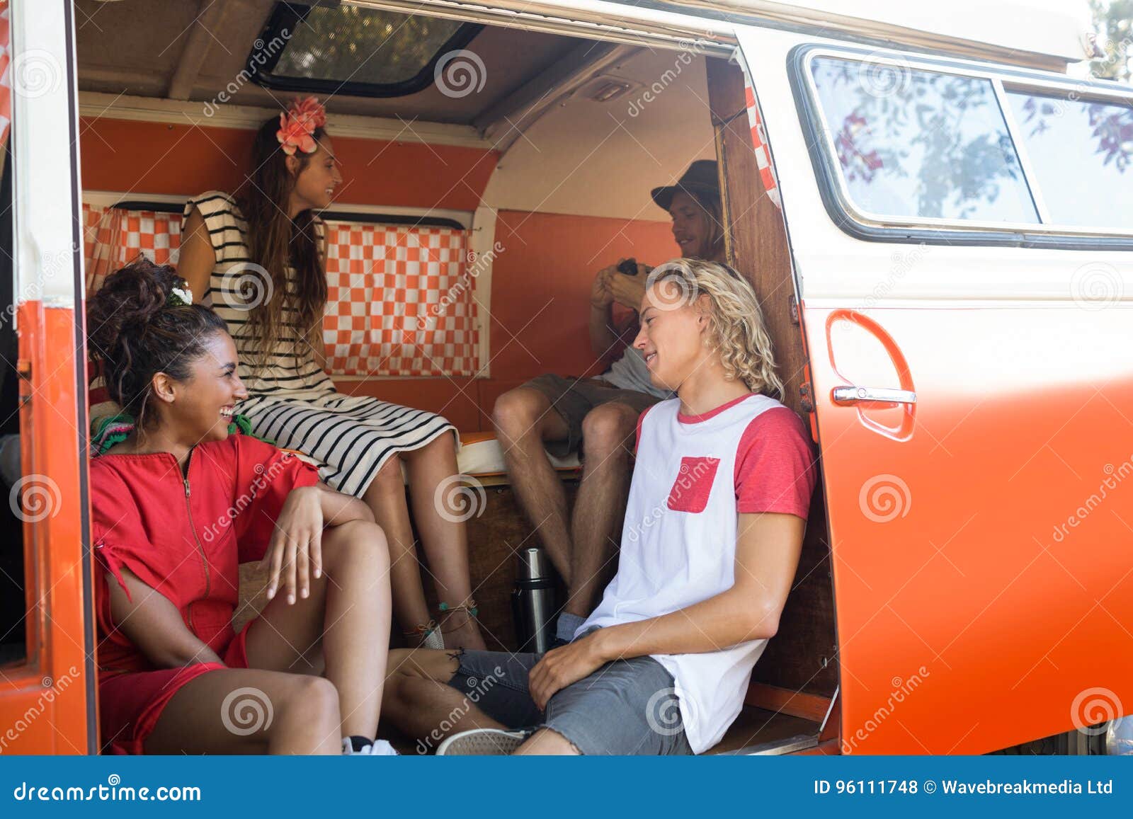 Happy Young Friends in Camper Van Stock Photo - Image of casual ...