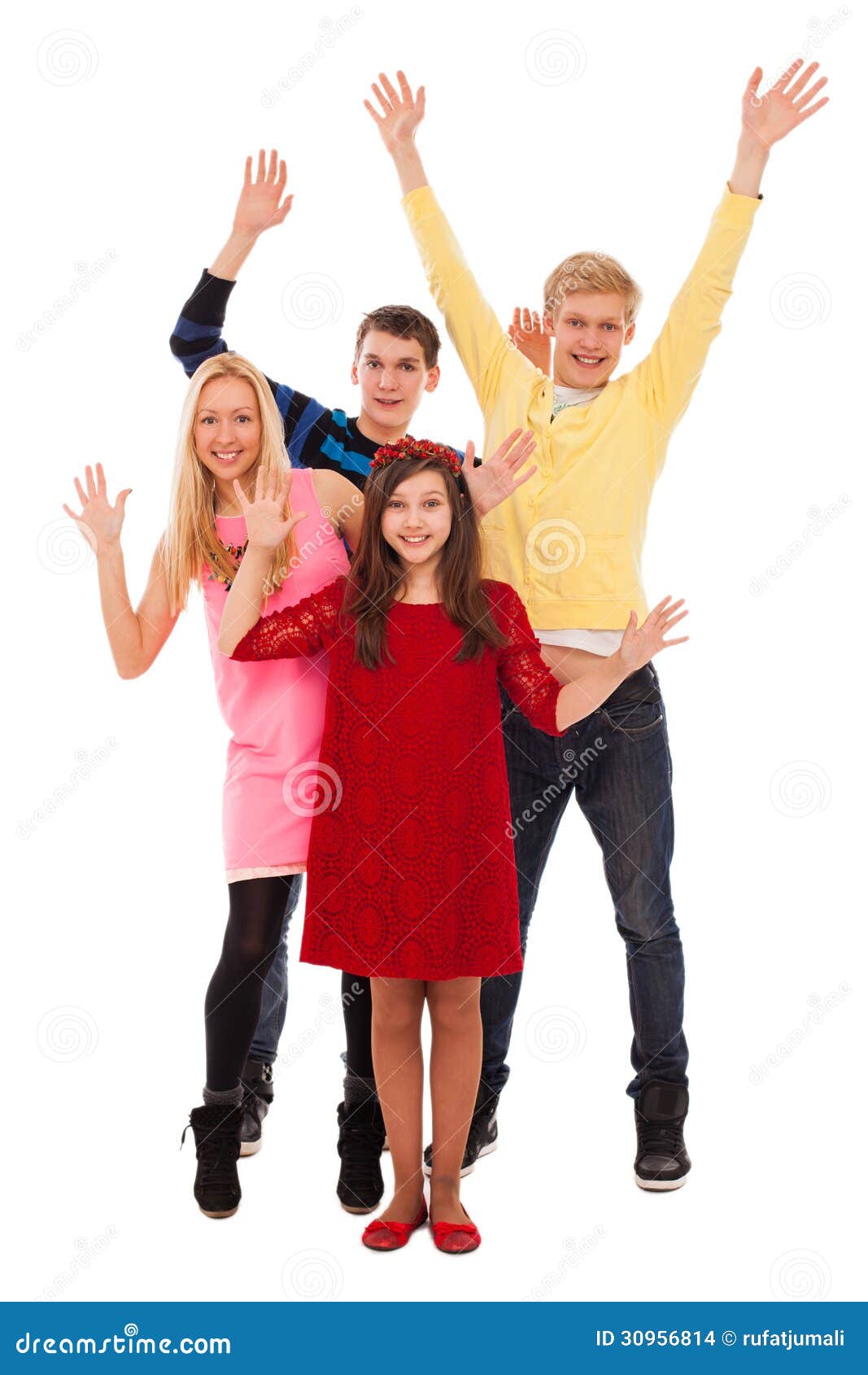 Happy Young Friends with Hands Up Stock Photo - Image of beautiful ...