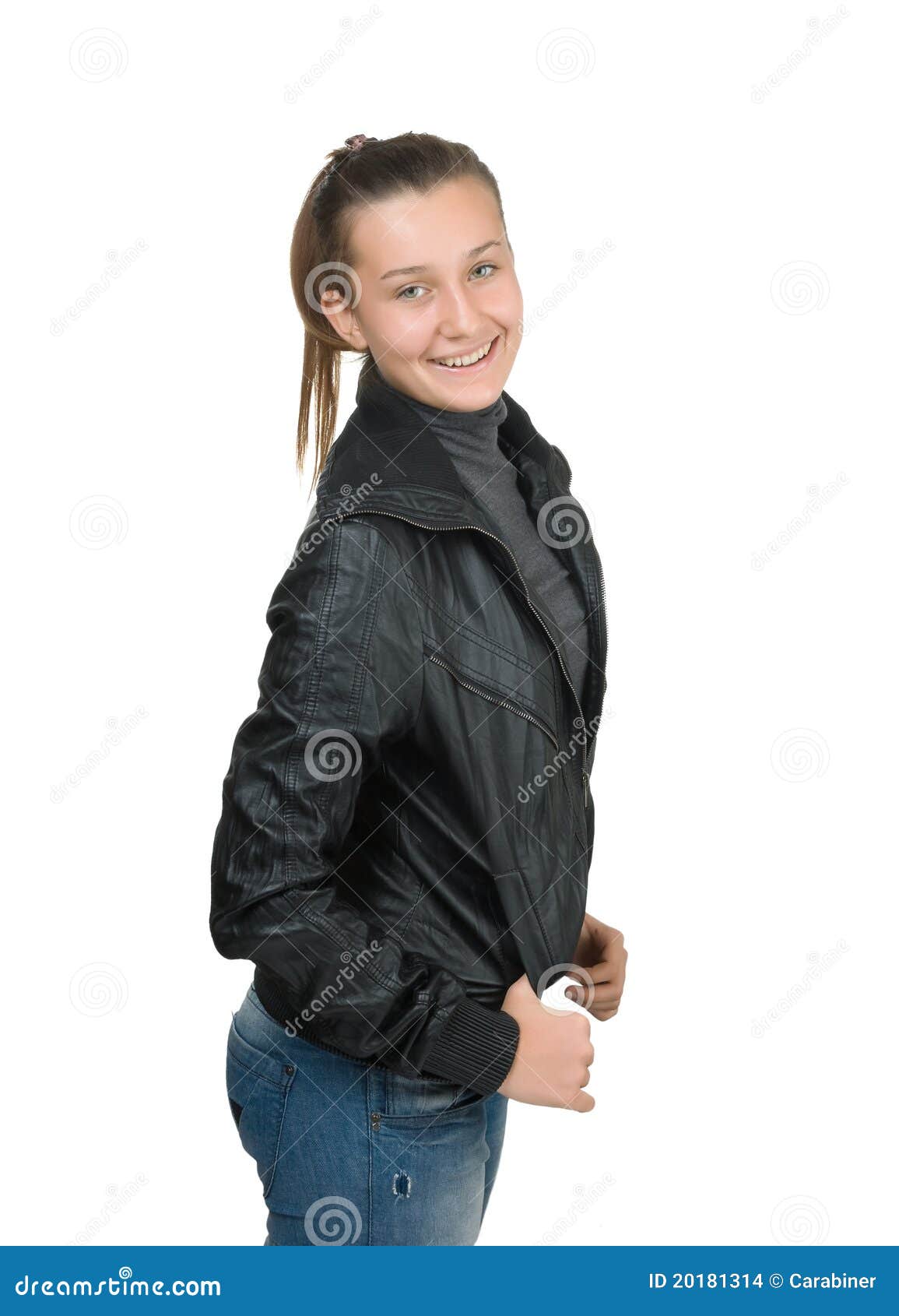 Happy Young Girl in a Black Leather Jacket Stock Photo - Image of ...