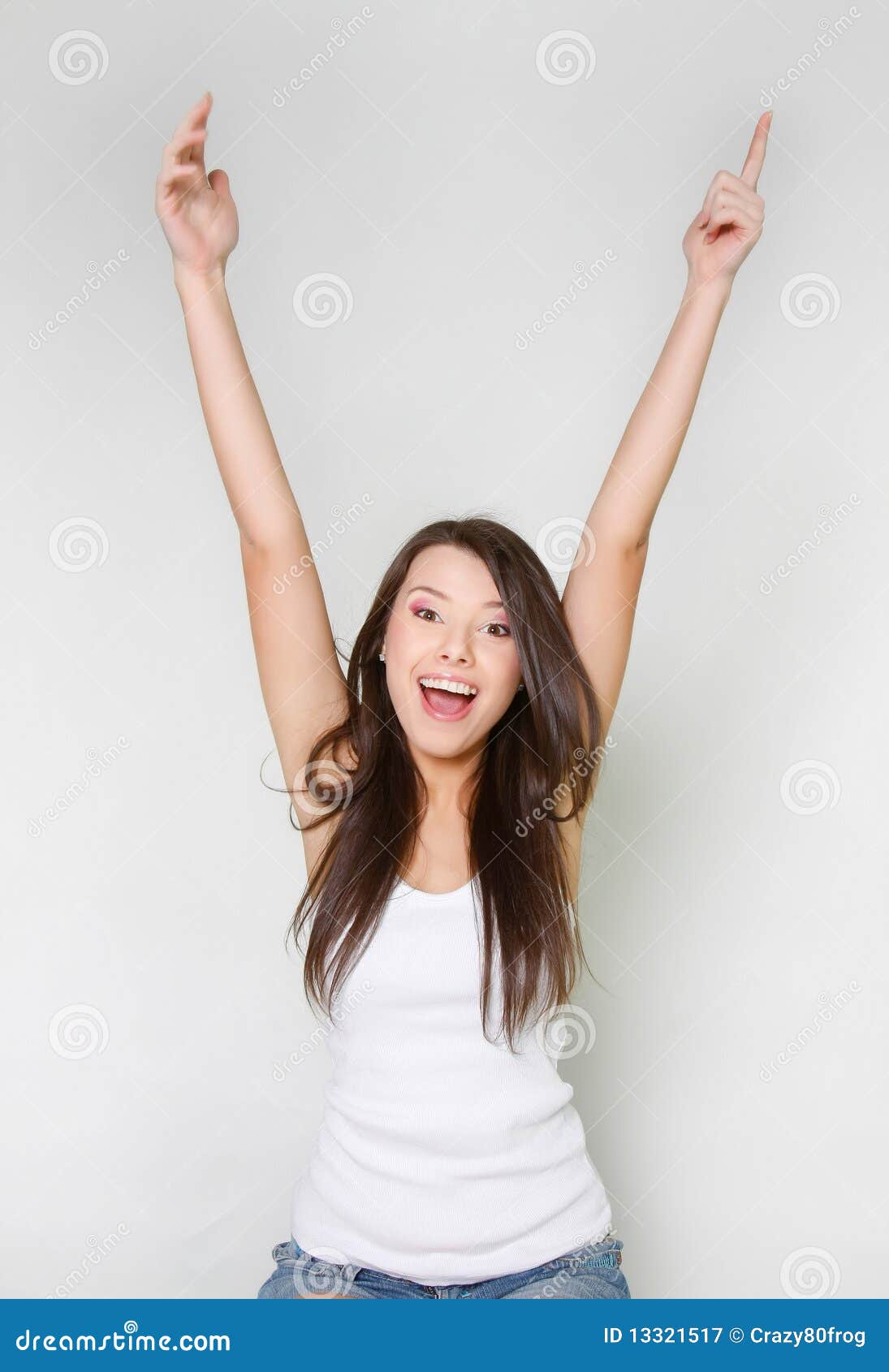 Happy Young Girl with Her Hands Up Stock Image - Image of people ...
