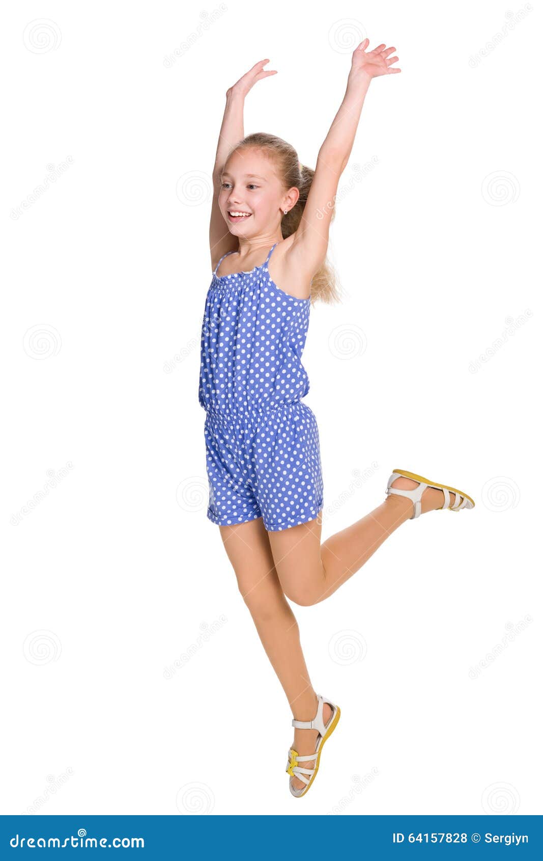 Happy young girl jumps stock photo. Image of active, polka - 64157828