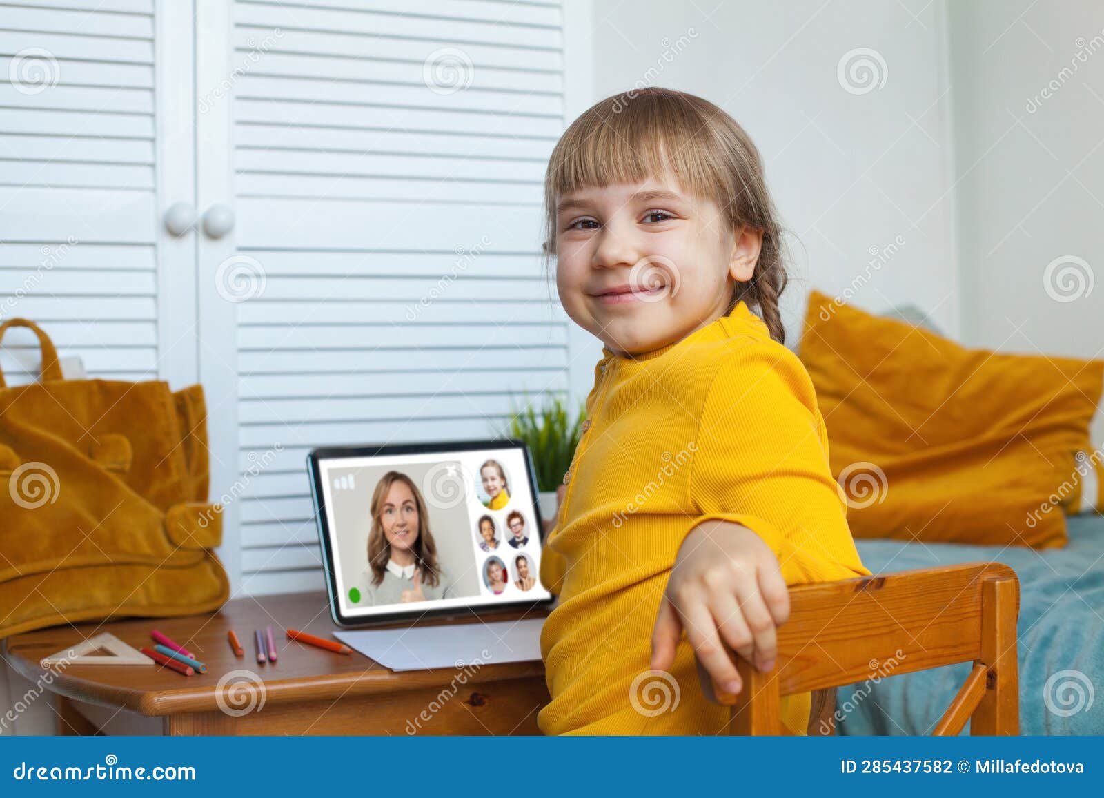 Happy Young Girl Learning Language Online, Using Tablet Gadget Doing ...