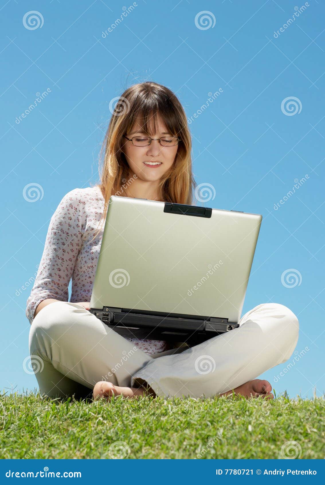 Happy Young Girl Smiling and Working on a Laptop Stock Image - Image of ...