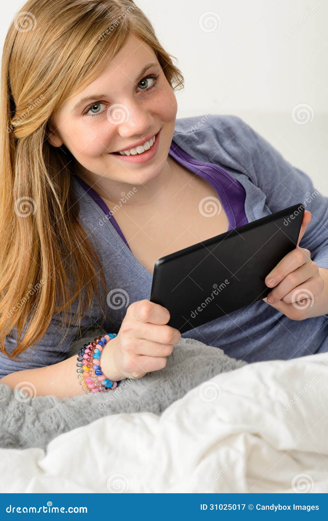 Happy Young Girl Using Digital Tablet Stock Image - Image of joyful ...