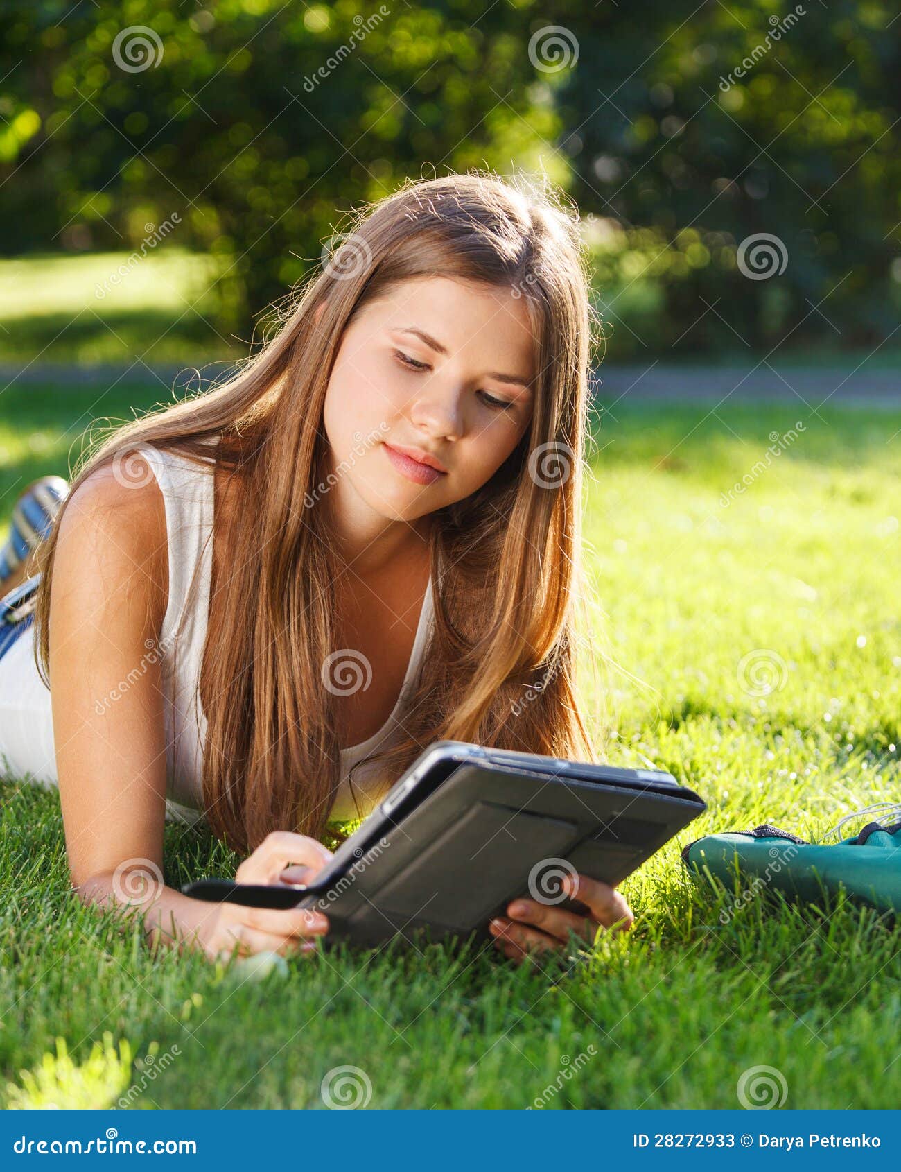 Happy Young Girl Using a Tablet Computer Stock Image - Image of ...