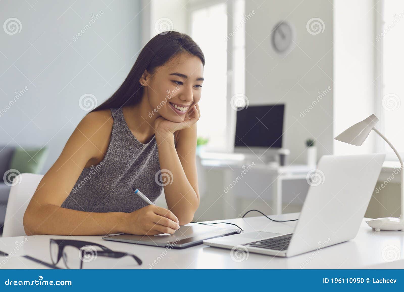 Happy Young Girl Working On Design Project Using Modern Graphic Tablet