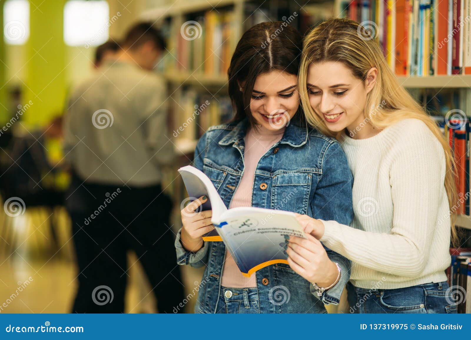 Happy Young Girls Student Studing in Library Stock Image - Image of ...