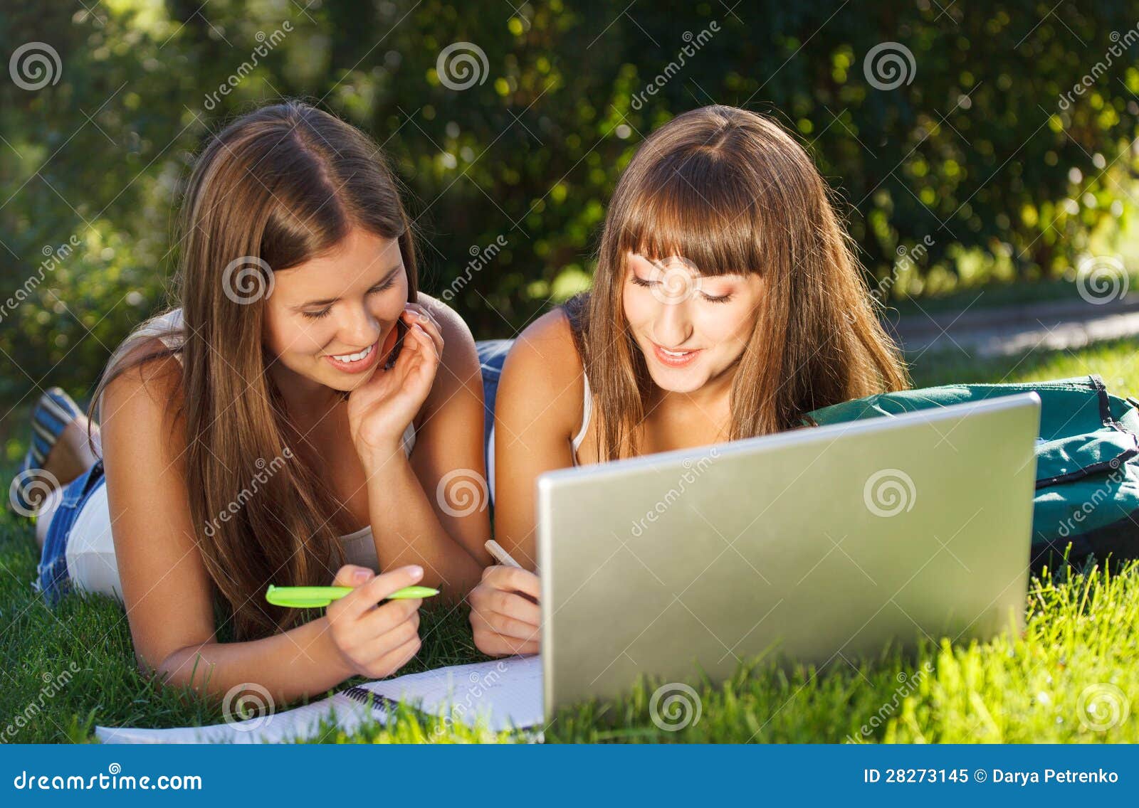 Happy Young Girls Using a Computer Stock Image - Image of girl, book ...