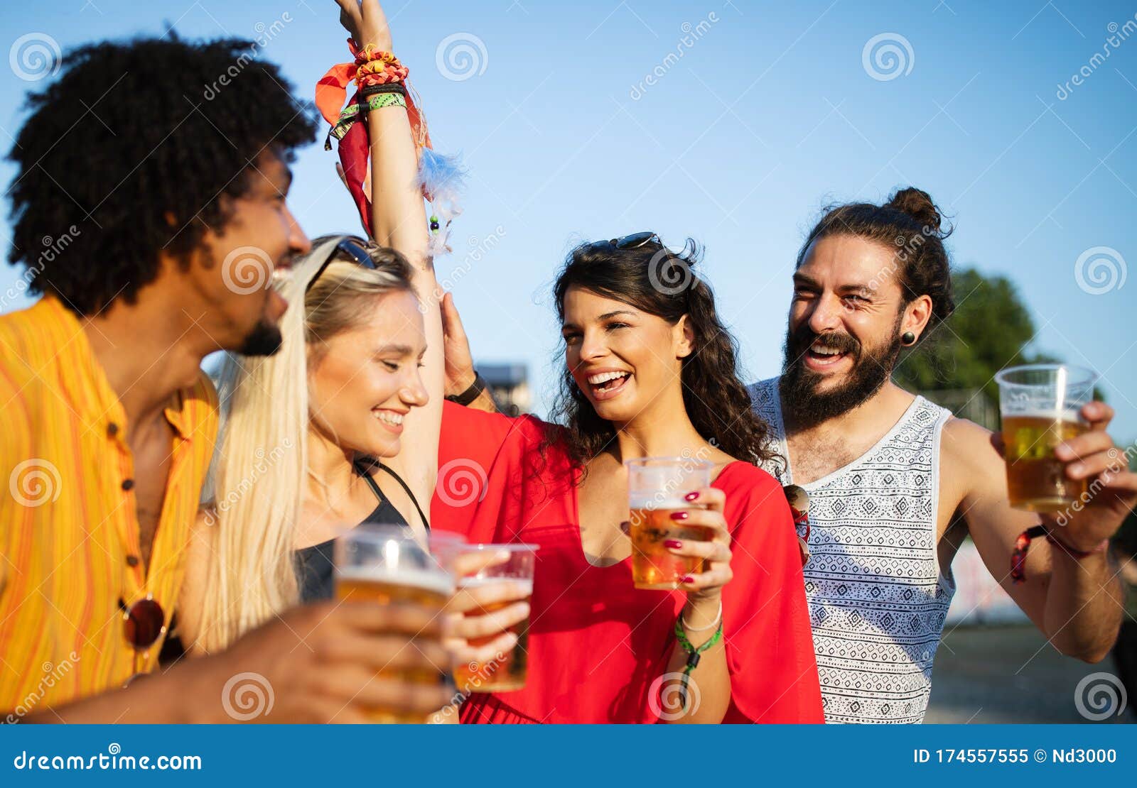 Happy Young Group of Friends Attending Festivals at Summer Stock Image ...