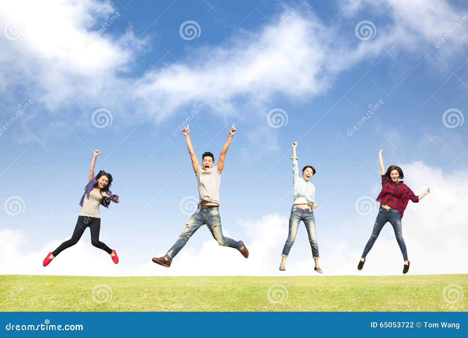 Happy Young Group Jumping Together Stock Photo - Image of male ...